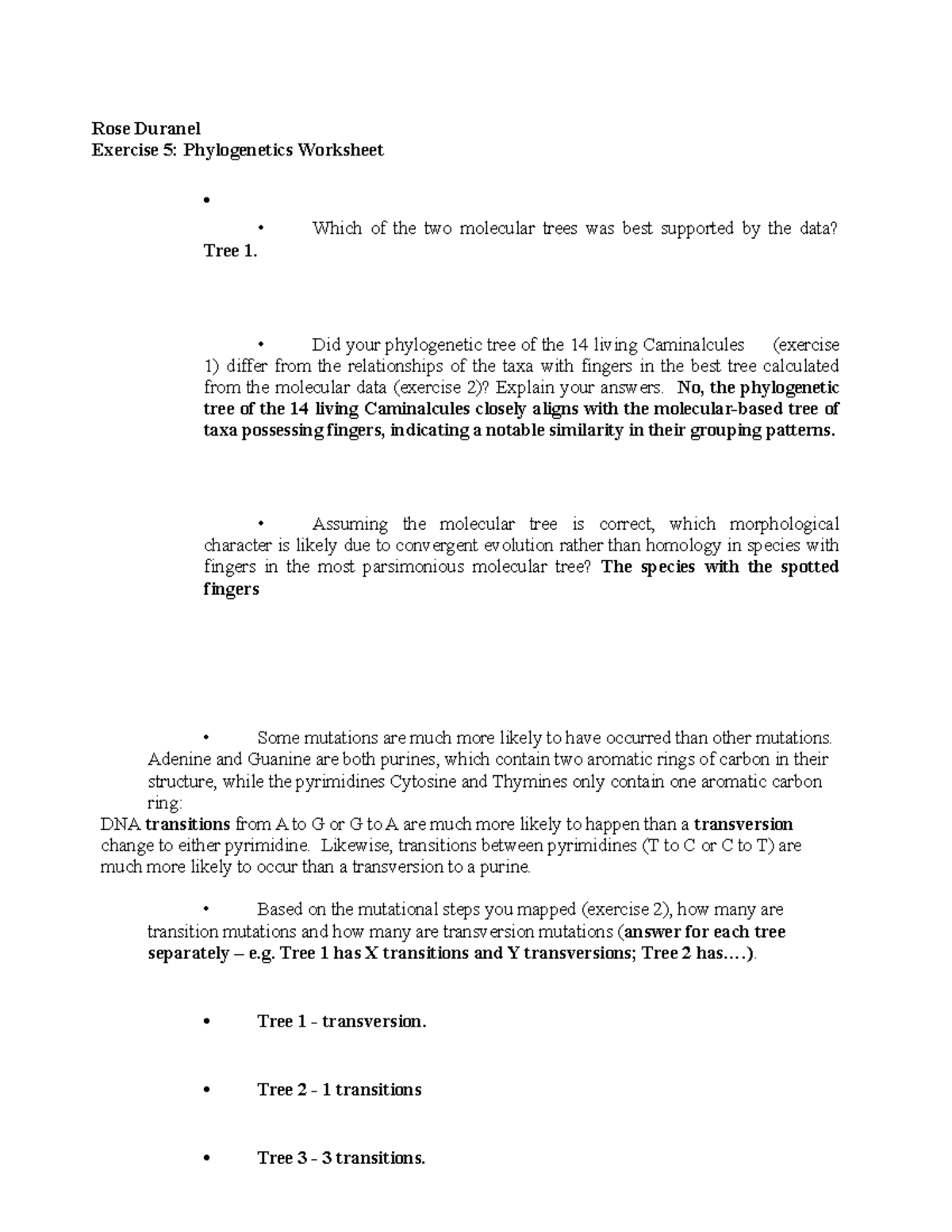 Phylogenetics Worksheet 1 - Rose Duranel Exercise 5: Phylogenetics ...