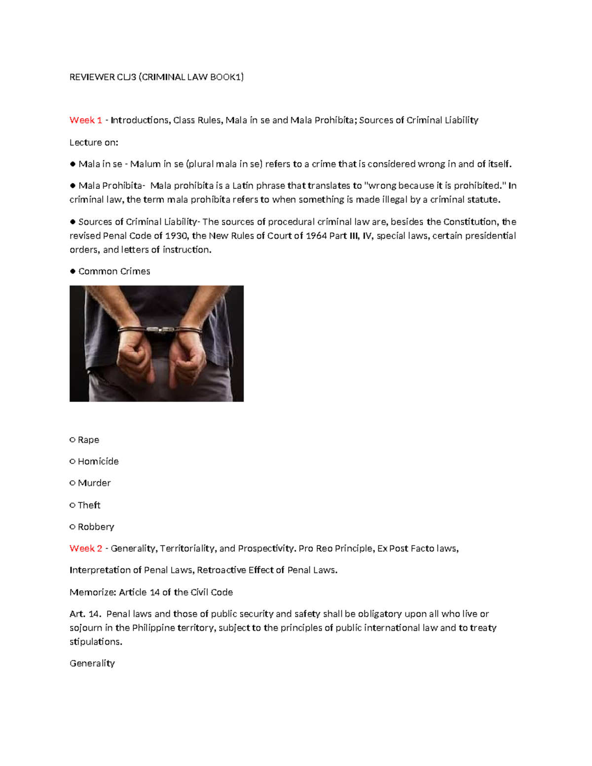 Reviewer CLJ3 - REVIEWER CLJ3 (CRIMINAL LAW BOOK1) Week 1 ...