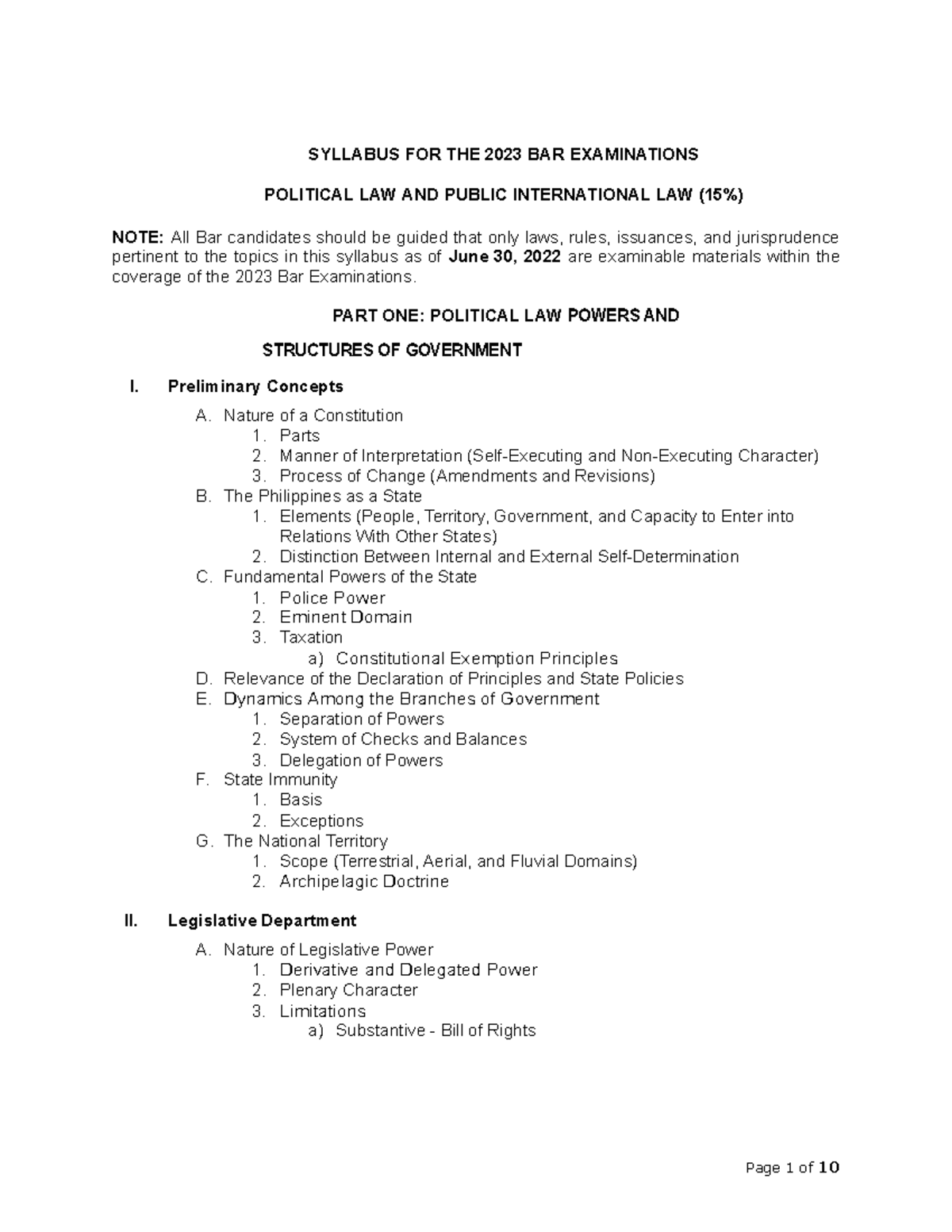 Bar2023-Syllabus - test - SYLLABUS FOR THE 2023 BAR EXAMINATIONS ...