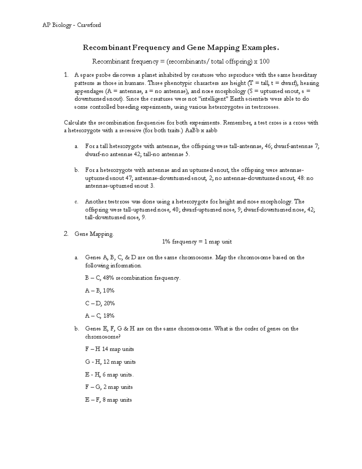 Recombinant Frequency and Gene Mapping Examples - Recombinant frequency ...