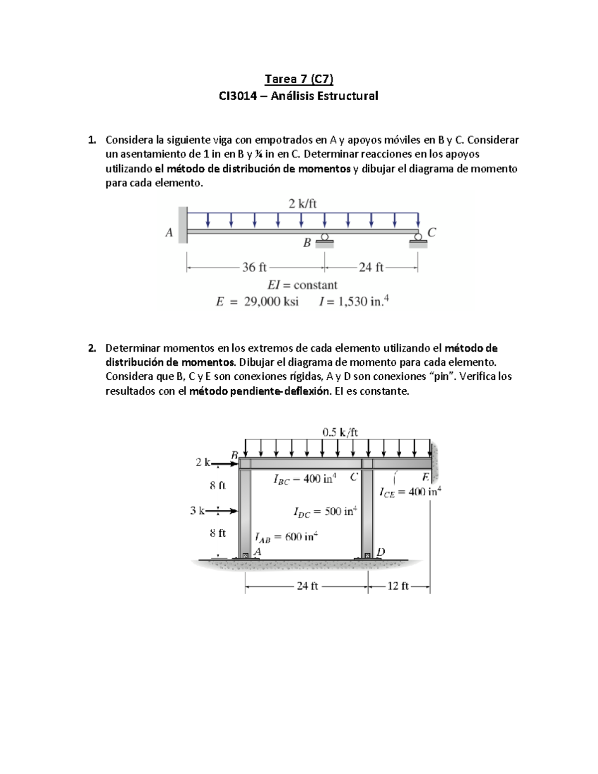 Tarea 7 - dfg - Tarea 7 (C 7 ) CI 3014 – Análisis Estructural 1. Considera la siguiente viga con ...
