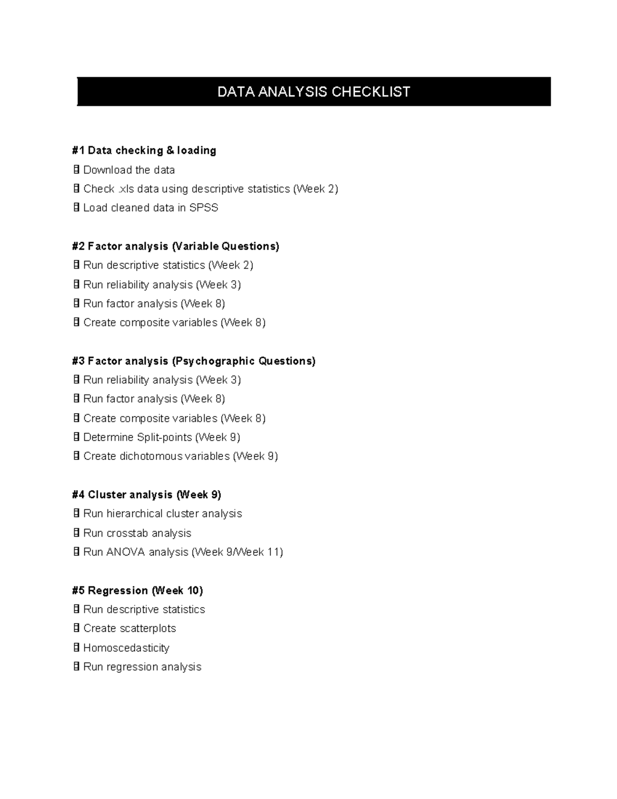 Analysis Workbook and Checklist 2024 - DATA ANALYSIS CHECKLIST #1 Data ...