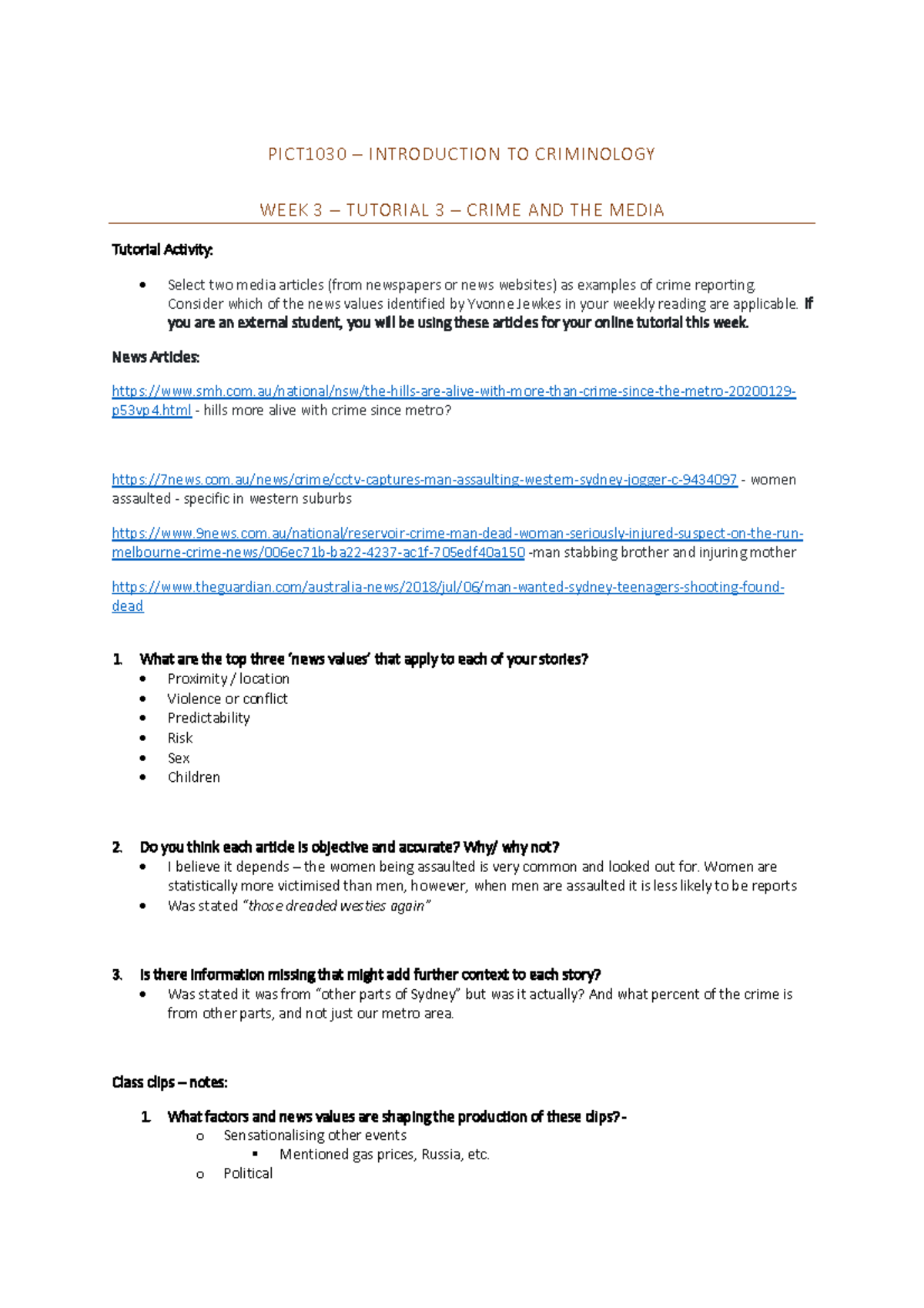 PICT1030 week 3 tutorial notes - PICT1030 – INTRODUCTION TO CRIMINOLOGY ...