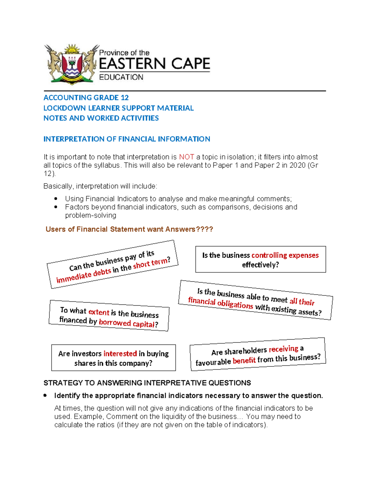 B ACCN Grade 12 Advanced Analysis AND Interpretation OF Financial ...
