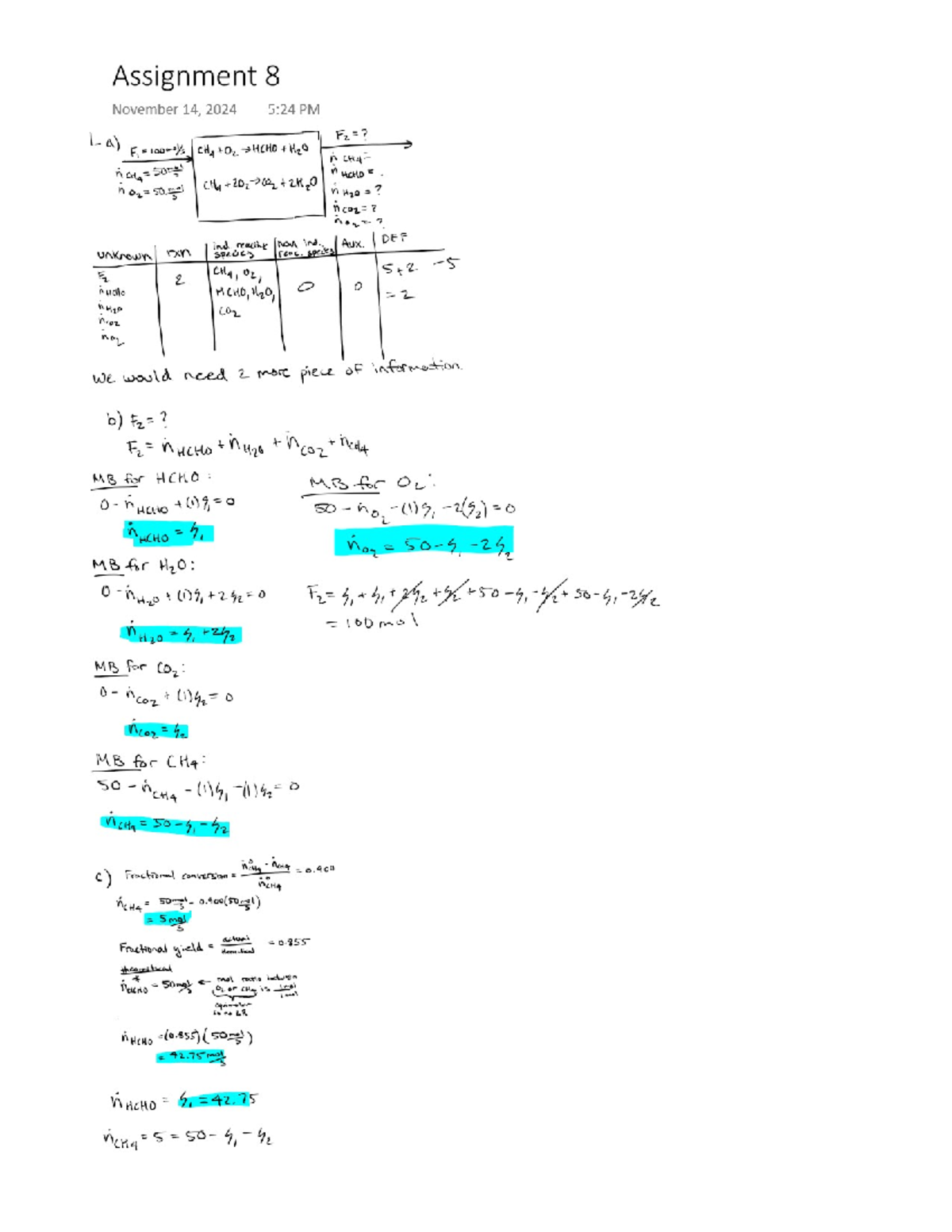 CHE 100 - Assignment 8 - CHE 100 - Assignment 8 November 14, 2024 5:24 PM n ind non ind. Aux ...