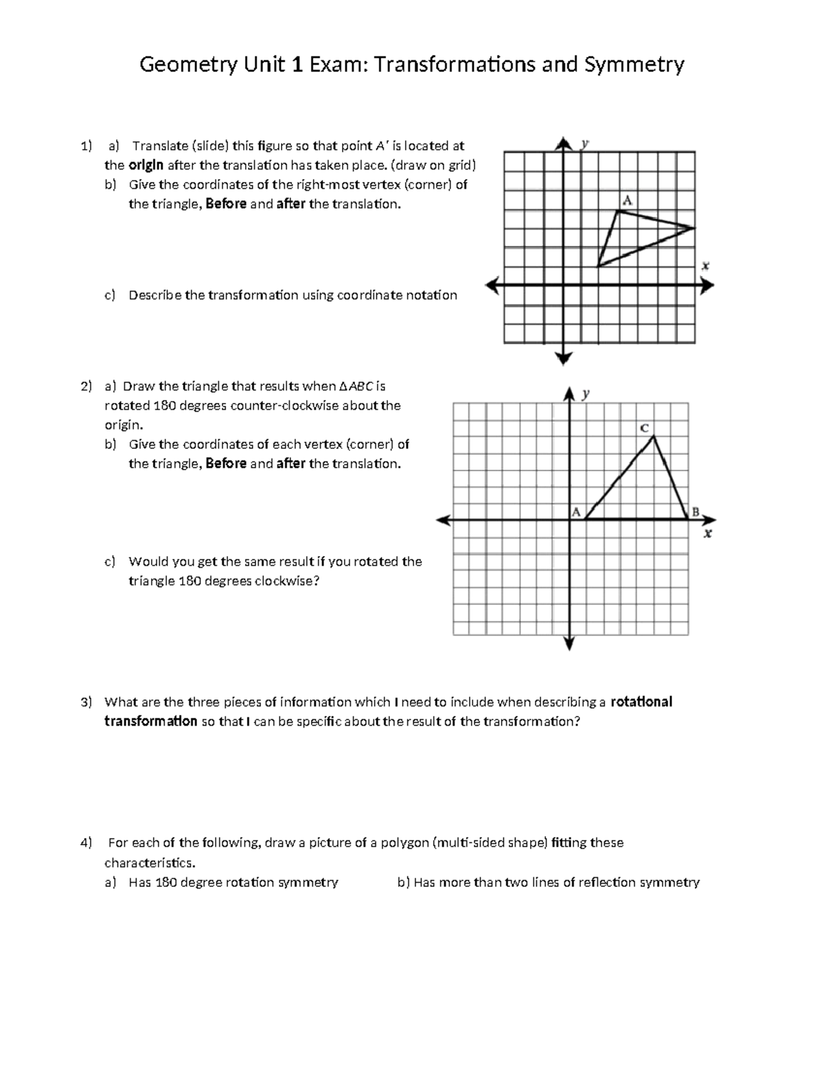 Glencoe Ch 3Exam Transformations - Geometry Unit 1 Exam ...