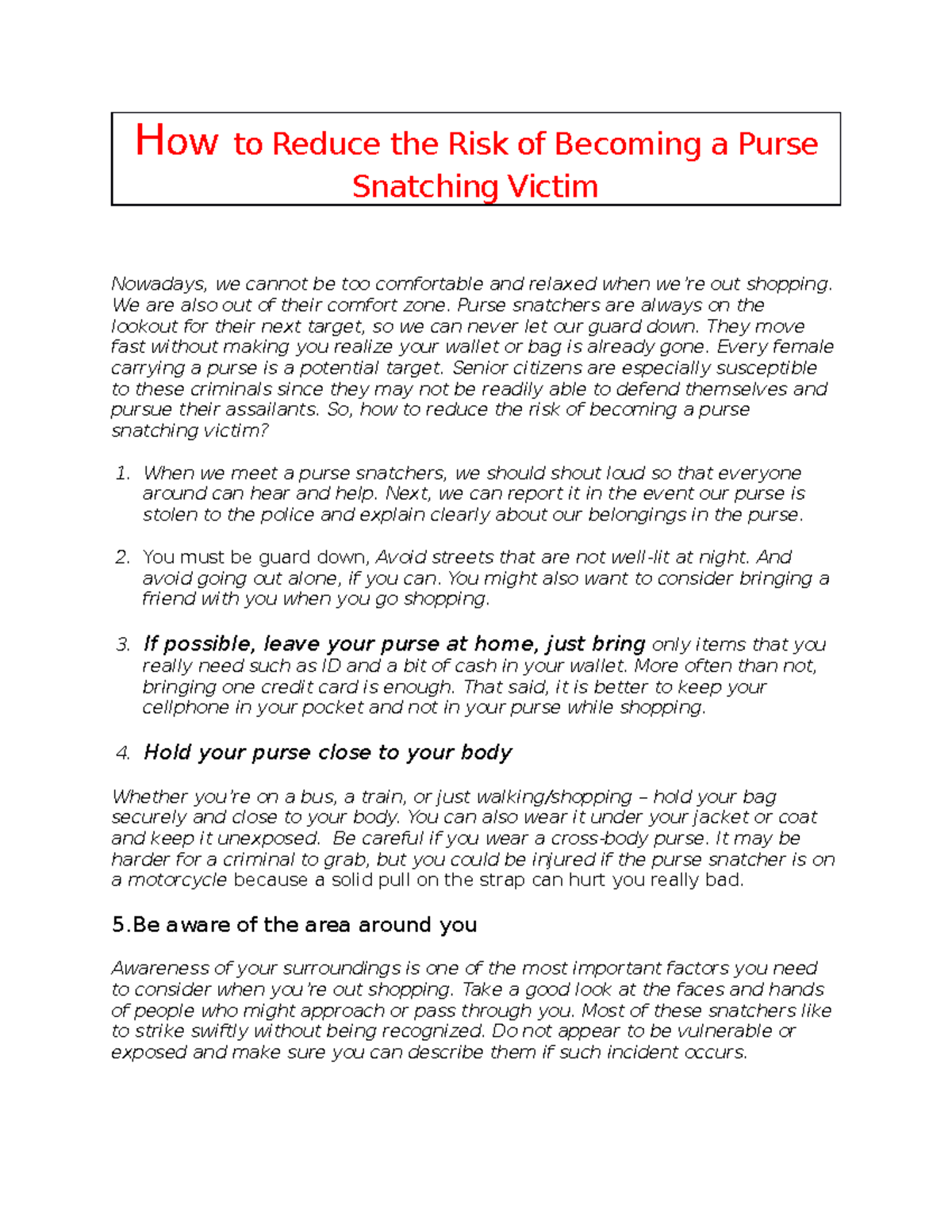 How to Reduce the Risk of Becoming a Purse Snatching Victim - How to Reduce the Risk of Becoming ...
