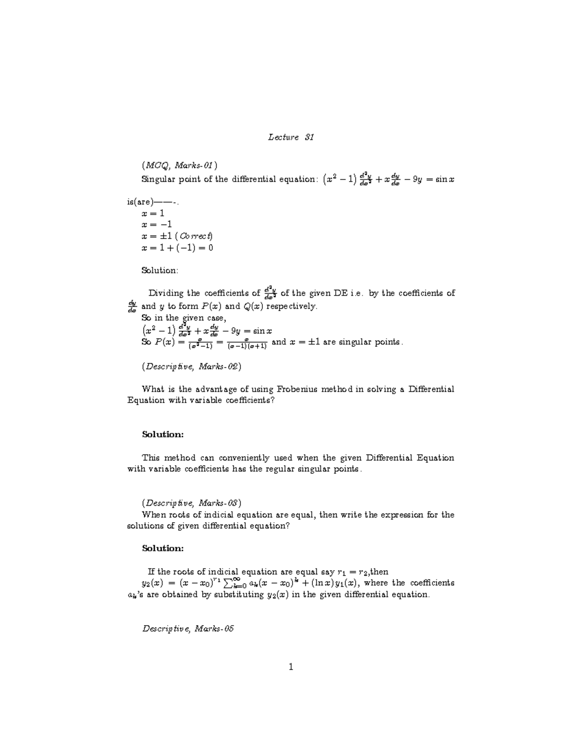 mth 401 Practice Questions (31) - Lecture 31 (MCQ, Marks-01 ) Singular ...