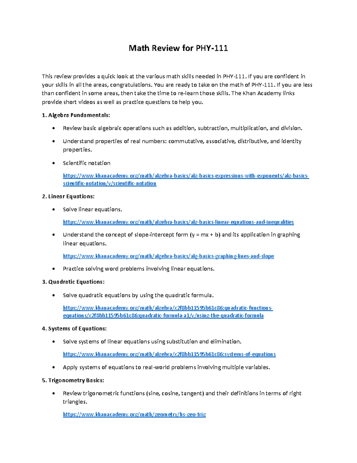 Math Review for PHY-111 - If you are confident in your skills in all the areas, congratulations ...