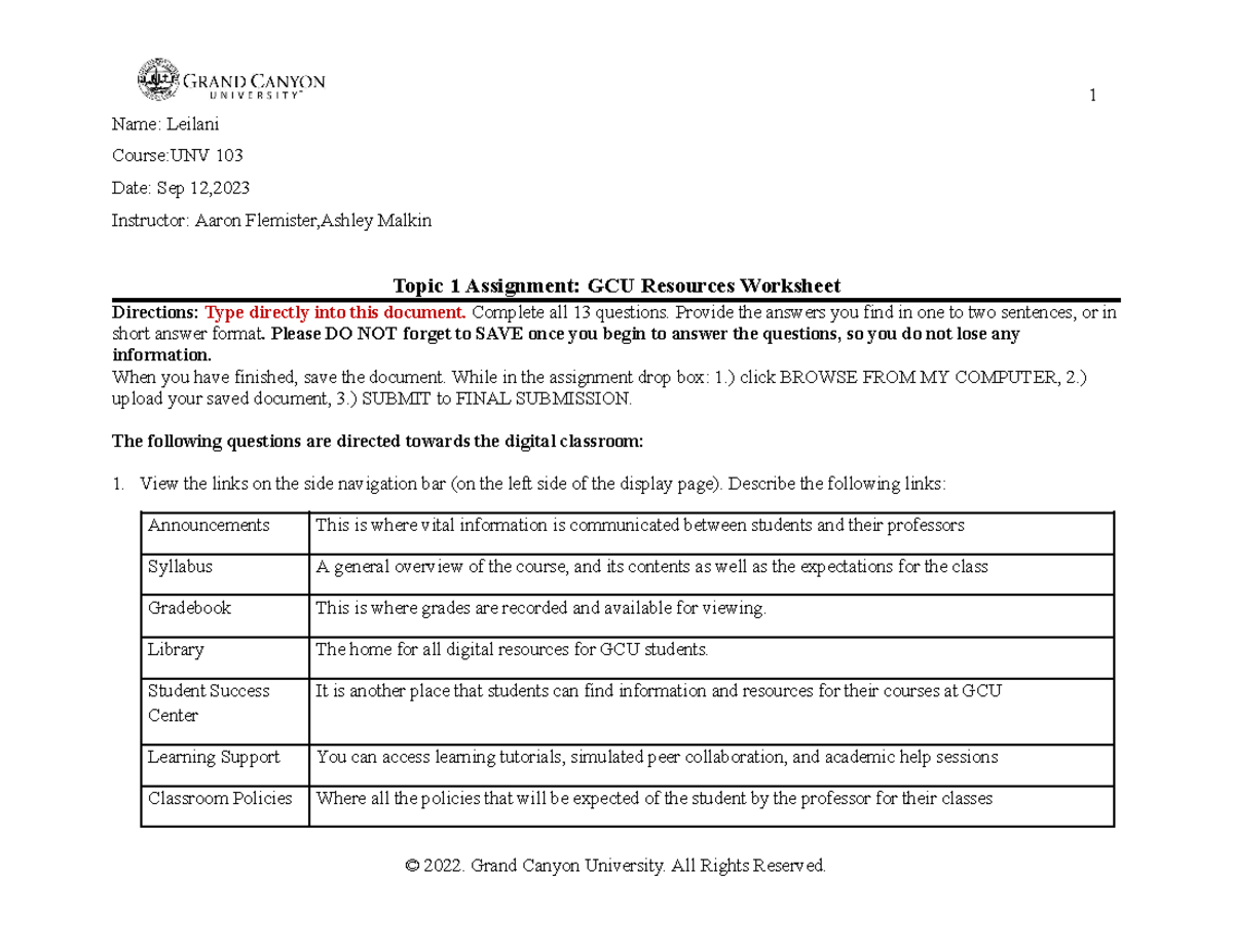 UNV 103 RS T1 Resources Worksheet Trad - Name: Leilani Course:UNV 103 ...