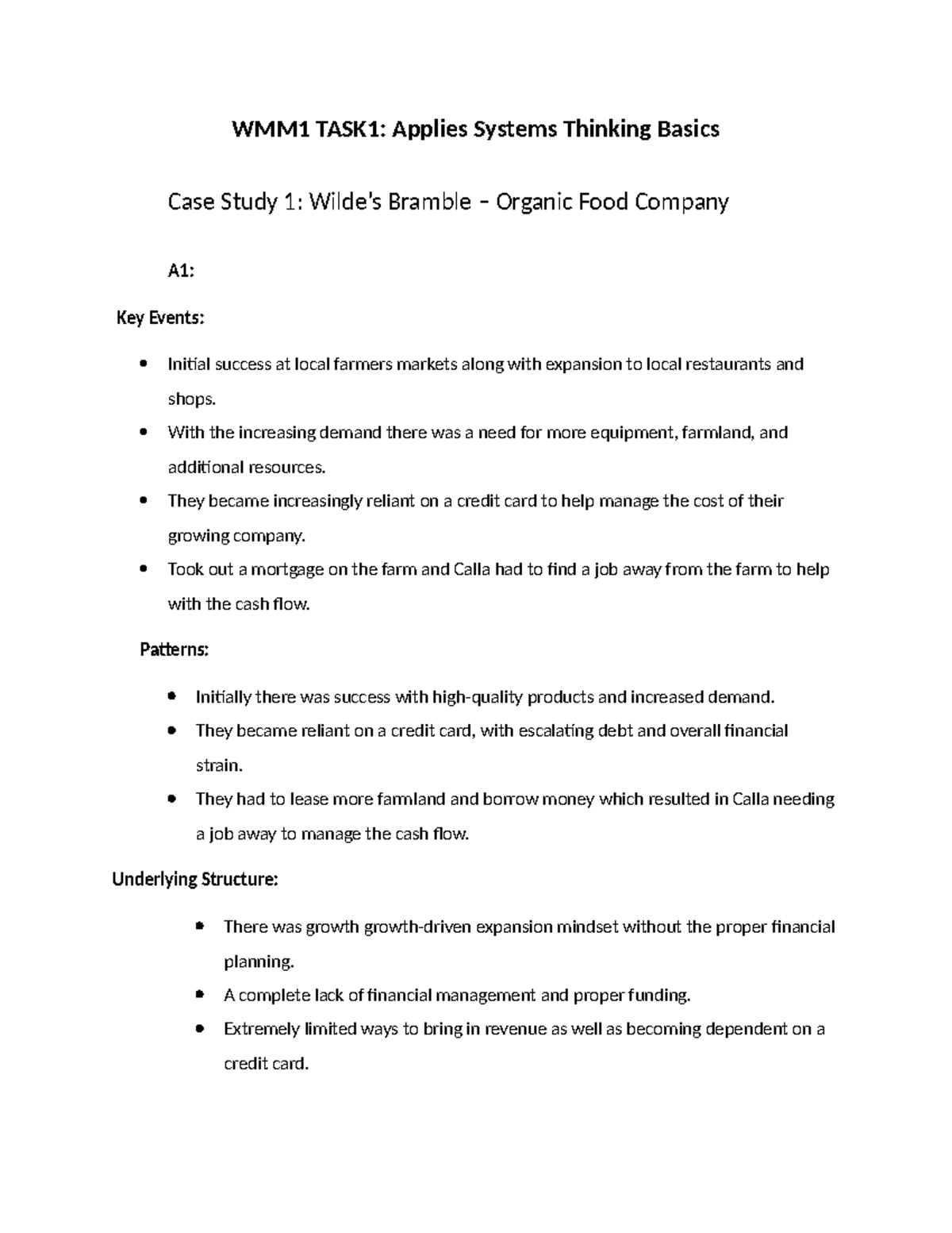 WMM1 TASK1 - task 1 - WMM1 TASK1: Applies Systems Thinking Basics Case Study 1: Wilde’s Bramble ...