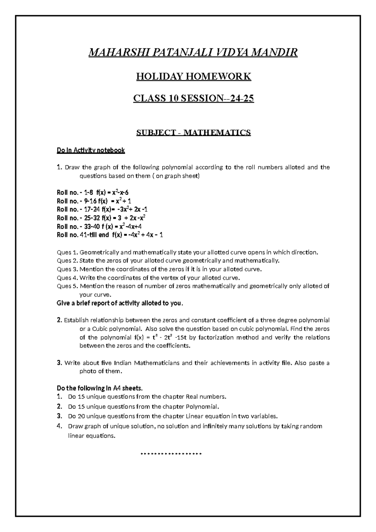 Holiday Homework docx - .... - MAHARSHI PATANJALI VIDYA MANDIR HOLIDAY ...