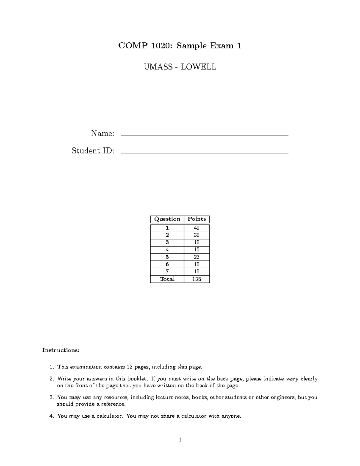COMP1020 Sample Exam1 - Assigment 1 - COMP 1020: Sample Exam 1 UMASS - LOWELL Name: Student ID ...