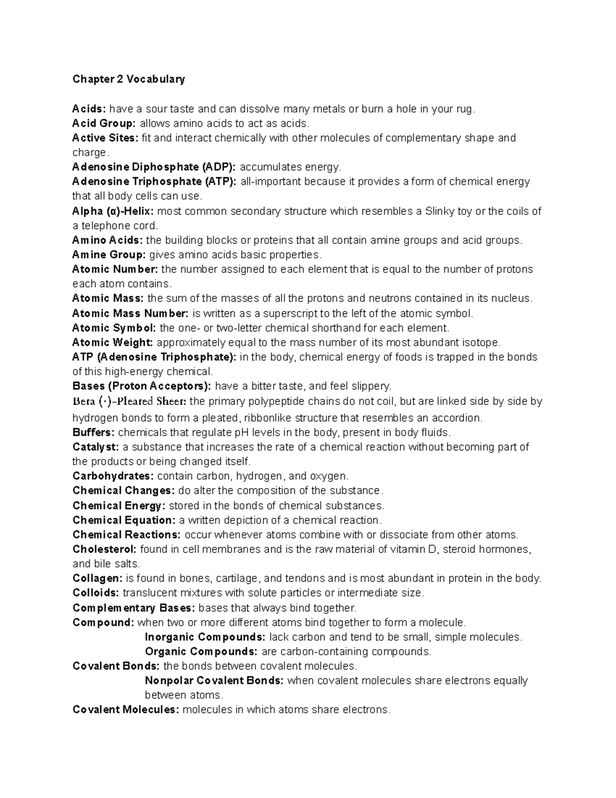 Chapter 2 Vocabulary BIOS 105 - Chapter 2 Vocabulary Acids: have a sour ...