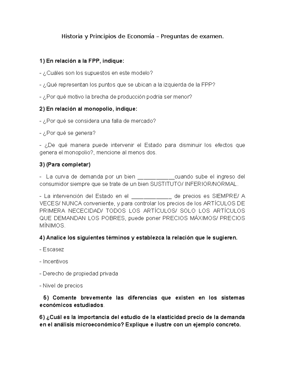 Historia y Principios de Econom Ã a - Historia y Principios de Economía – Preguntas de examen ...
