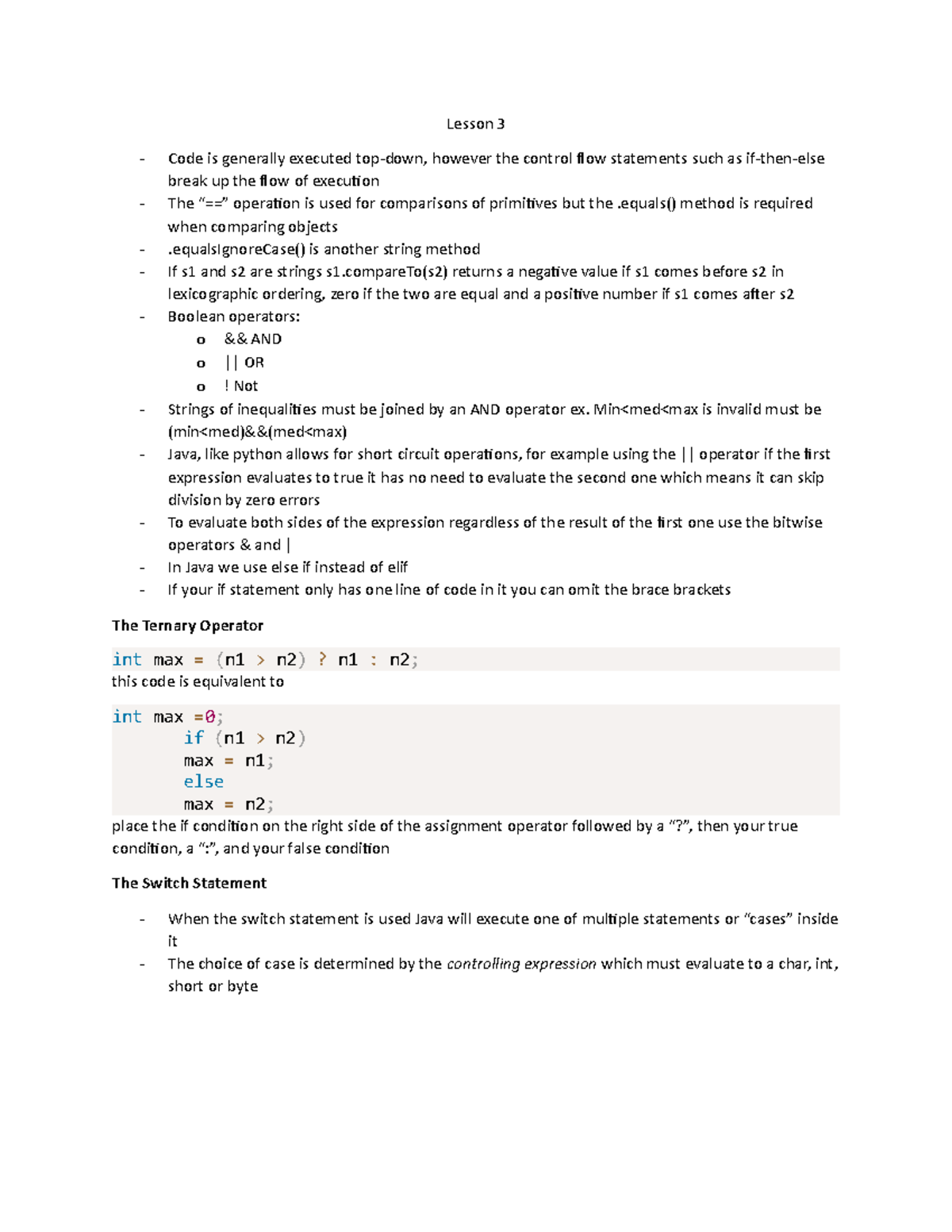 Lesson 03Notes - Lesson 3 Code is generally executed top-down, however ...