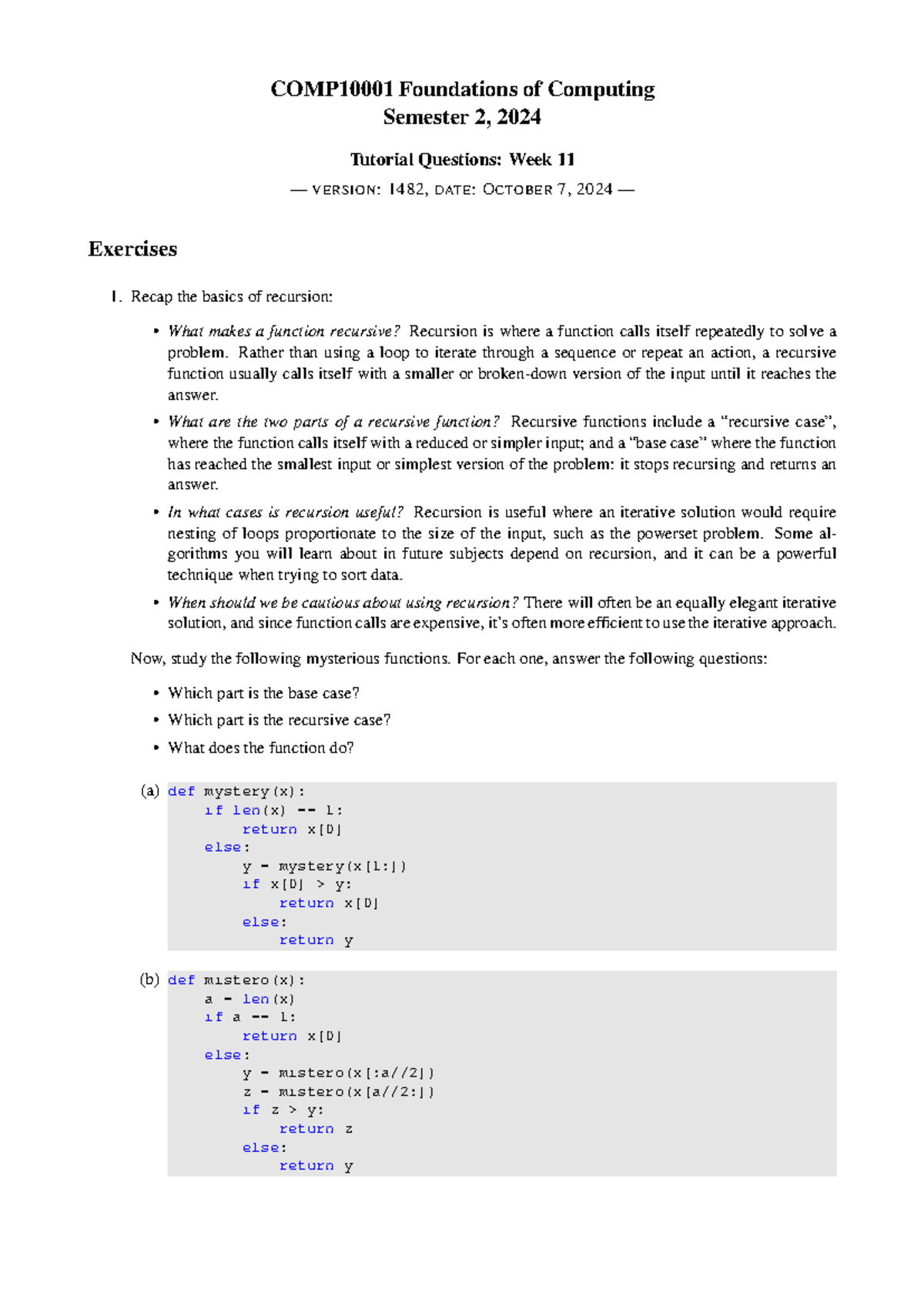 Tutesheet-week11 - For recursion functions - COMP10001 Foundations of ...