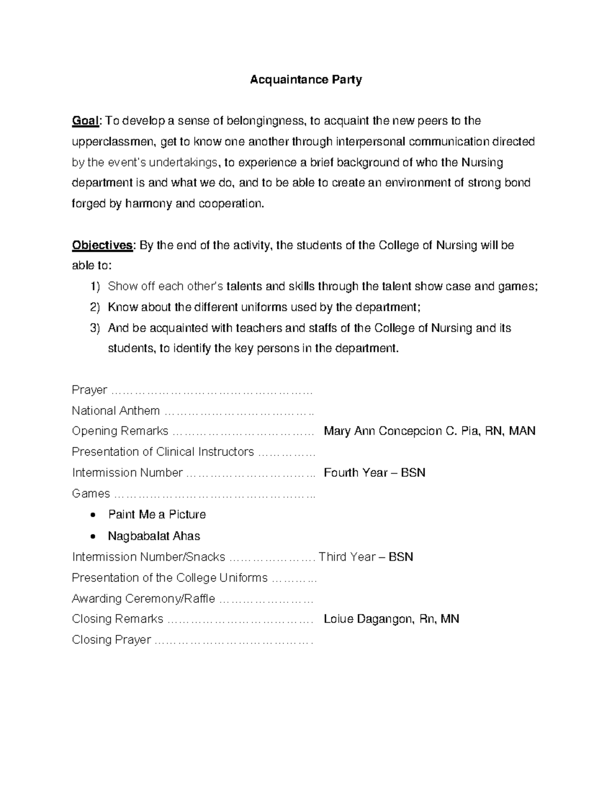 Idoc - A proposal - Acquaintance Party Goal: To develop a sense of ...