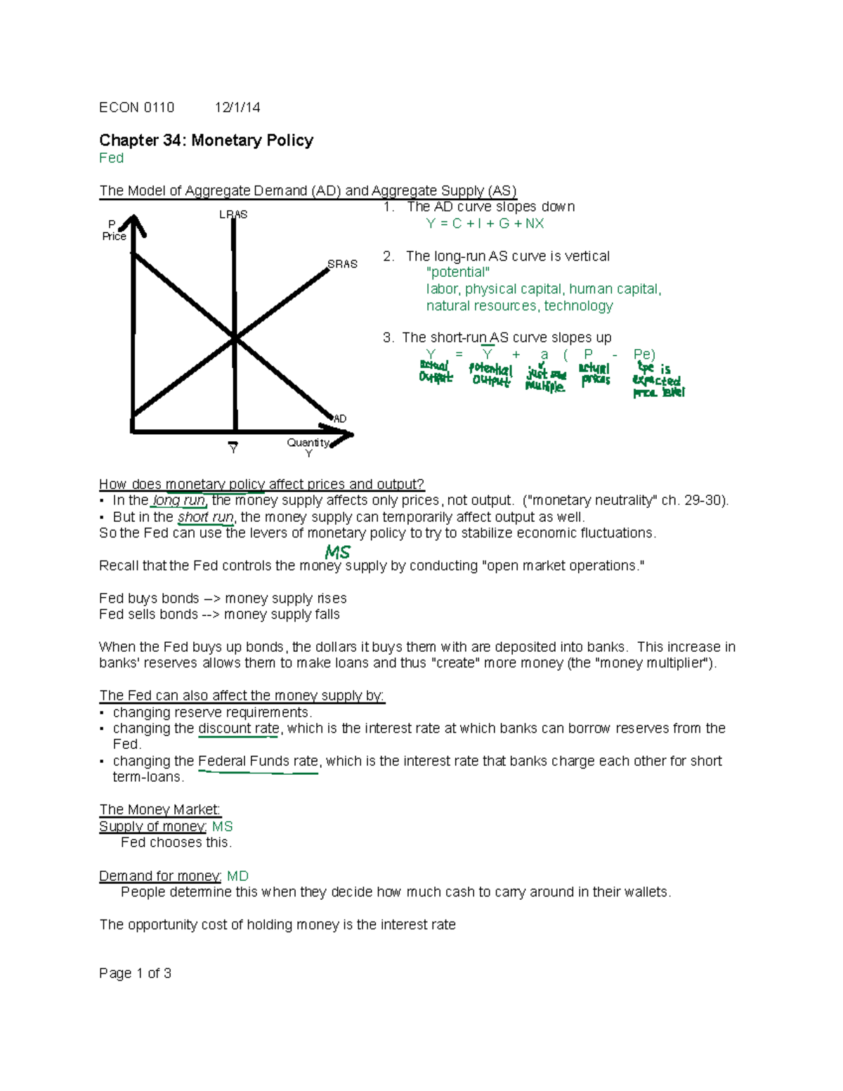 Summary - Chapter 33 - ECON 0110 12/1/ Chapter 34: Monetary Policy Fed ...