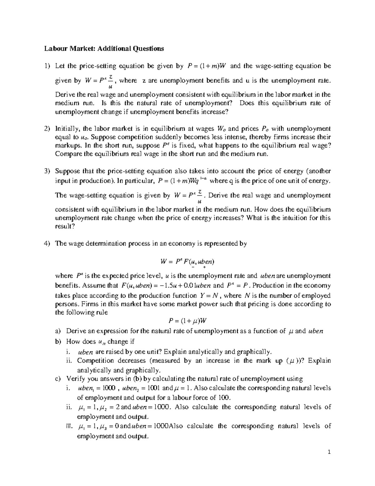 Practice Questions Week 5 Labour Market - Labour Market: Additional ...