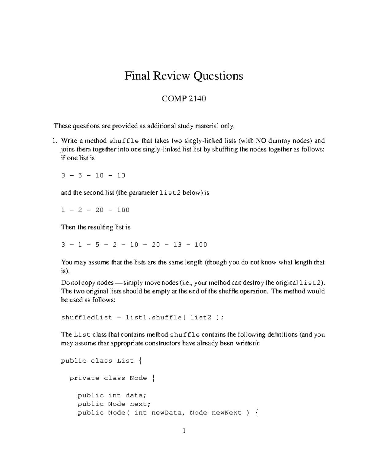 Final 2016, questions and answers - Final Review Questions COMP 2140 ...