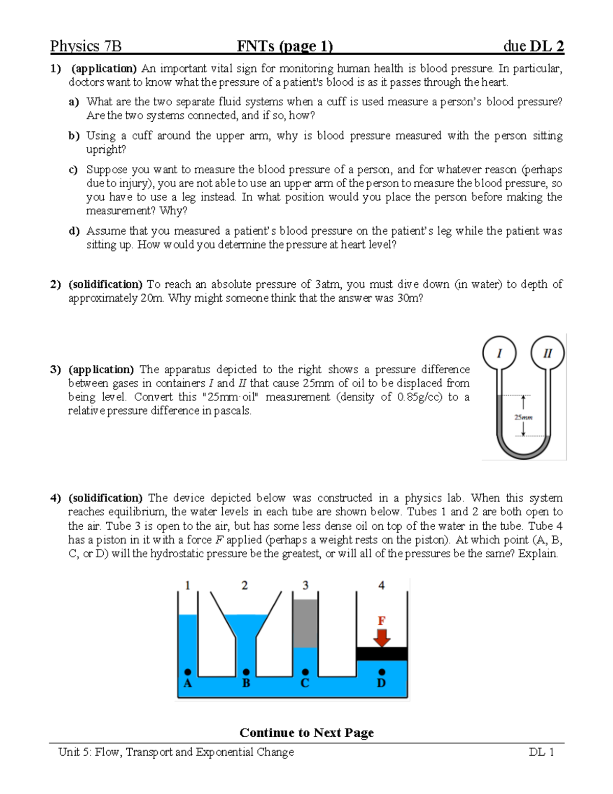 FNT 1 due DL 2 - fnt - Physics 7B FNTs (page 1) due DL 2 Unit 5: Flow ...