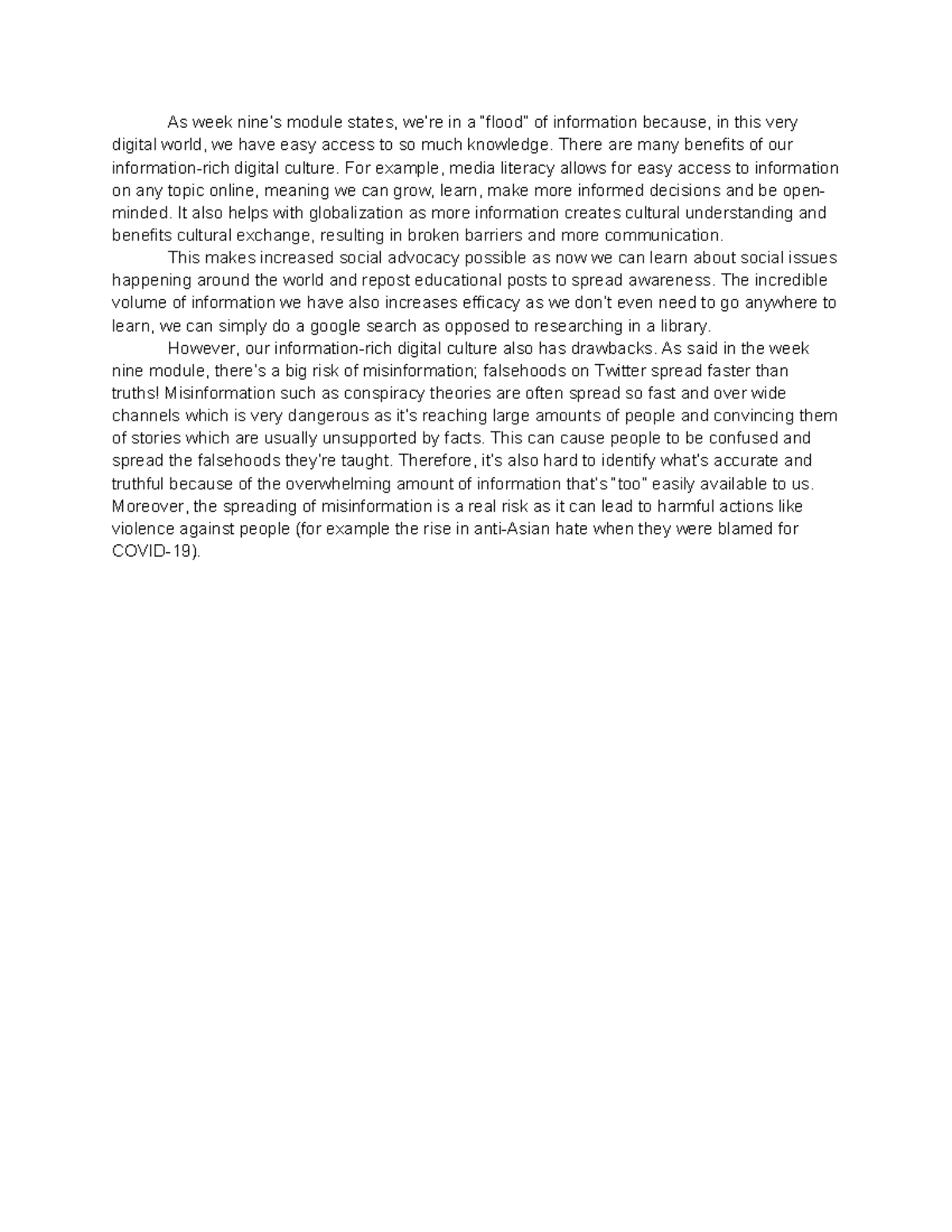 Writing Practice Week 9 - As week nine’s module states, we’re in a ...