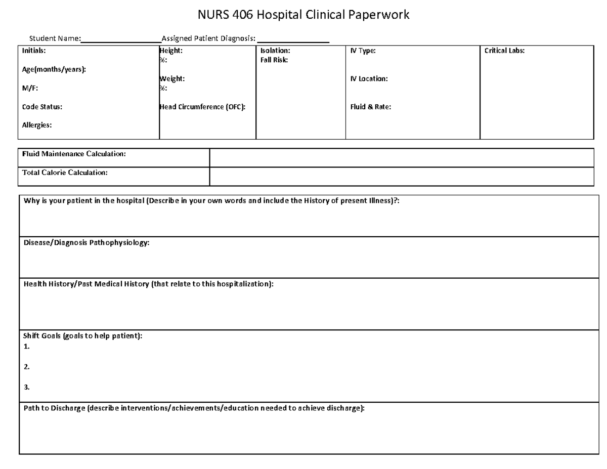 Hospital Clinical Paperwork peds - Student Name: Assigned Patient ...