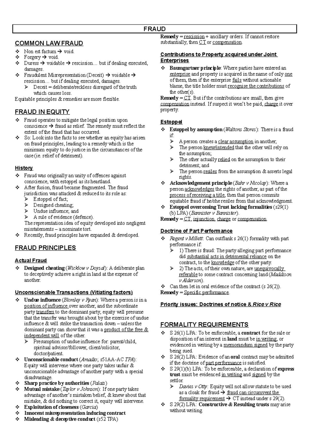 Equity 4 - Lecture notes 4 - COMMON LAW FRAUD Non est factum void ...