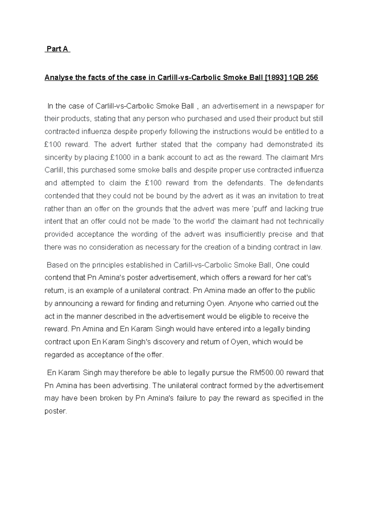Assignment LAW OF Contract - Part A Analyse the facts of the case in ...