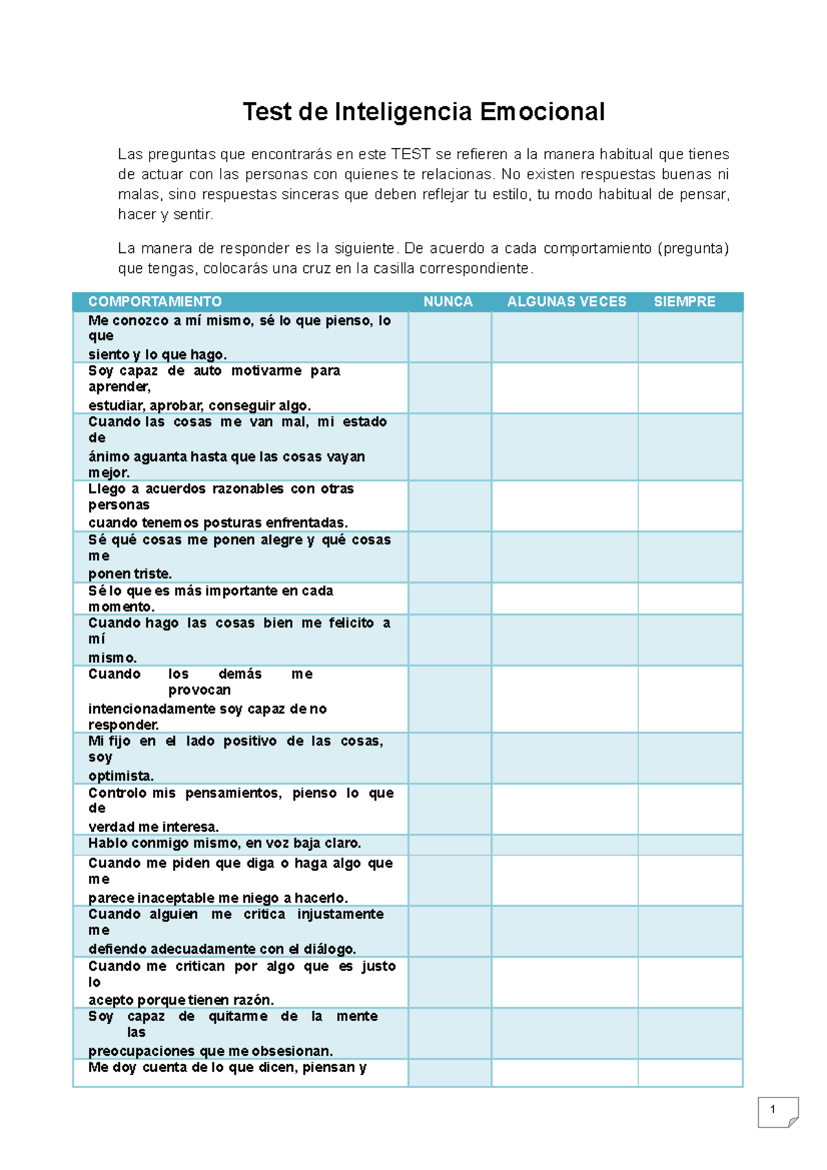 Test Inteligencia Emocional 2 - Test de Inteligencia Emocional Las ...