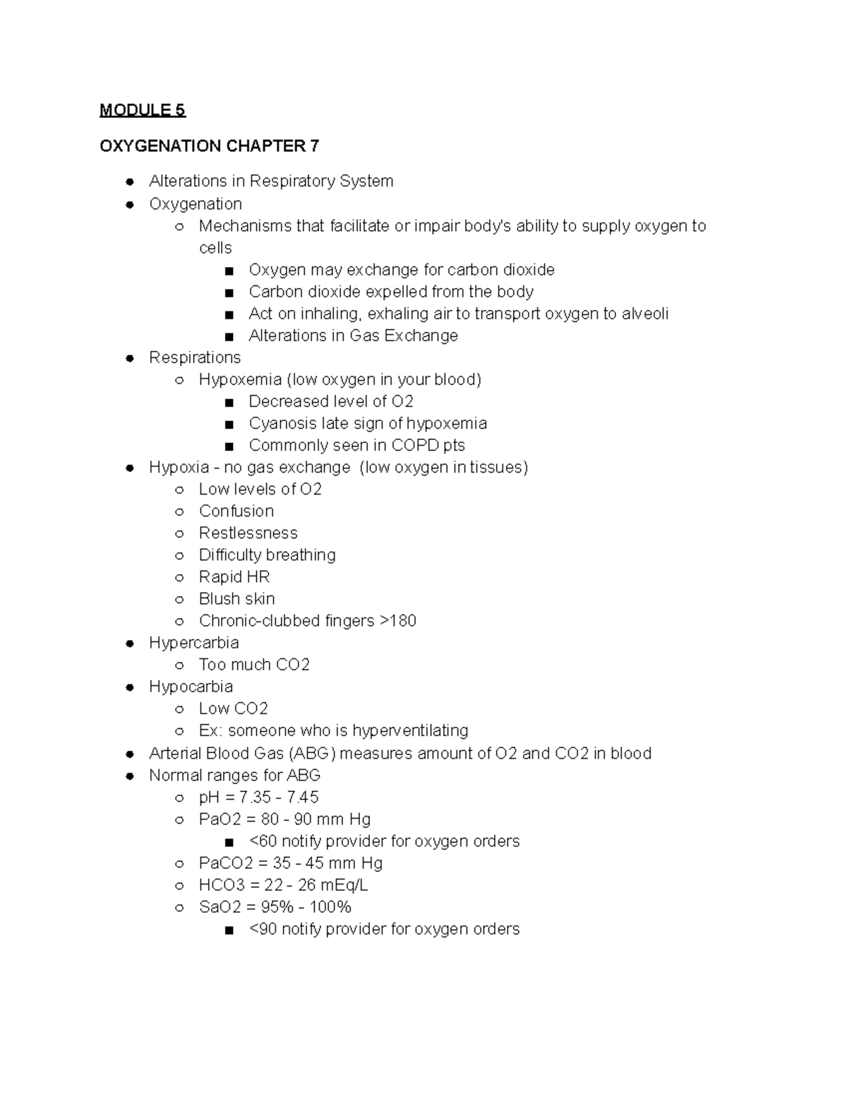M5 NUR355 - Module 5 notes - MODULE 5 OXYGENATION CHAPTER 7 Alterations ...
