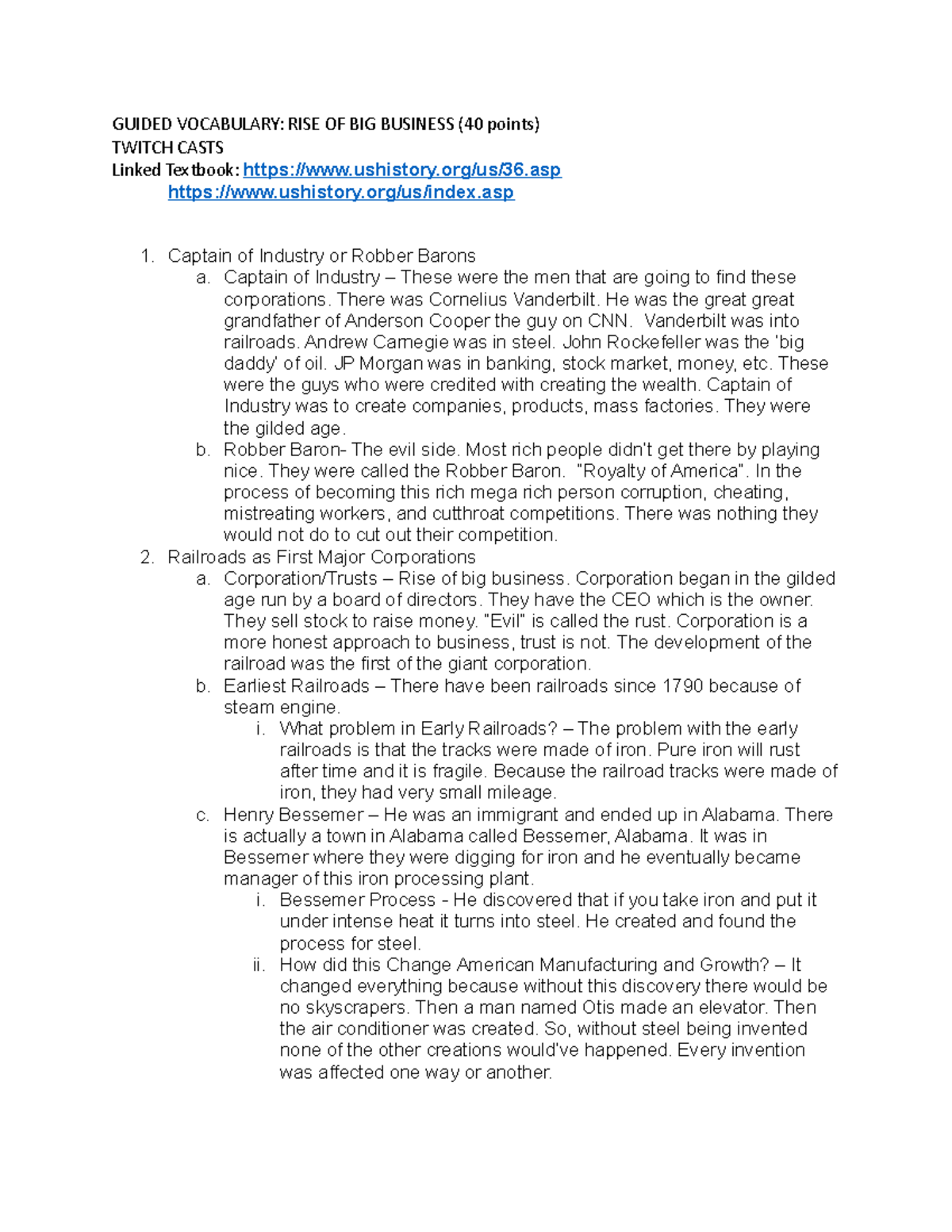 Guided Vocabulary GA Rise of Big Business - GUIDED VOCABULARY: RISE OF ...