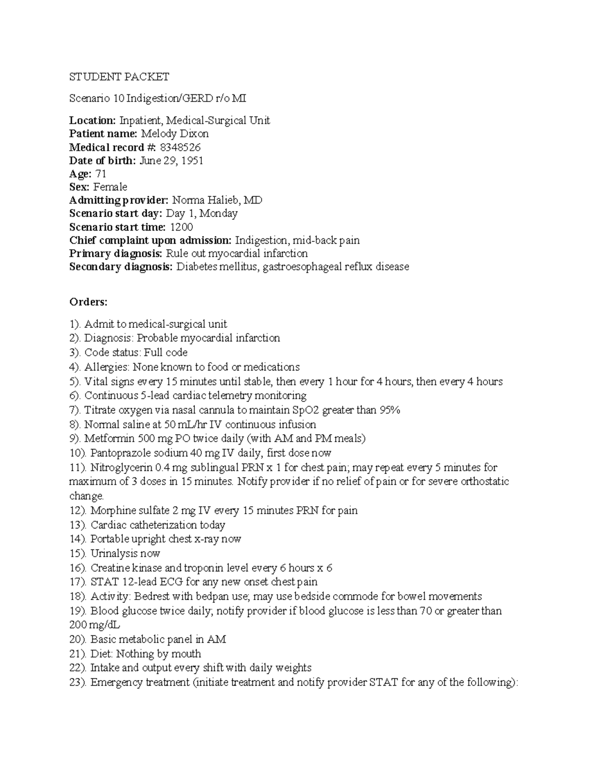 MI Student Packet - none - STUDENT PACKET Scenario 10 Indigestion/GERD ...