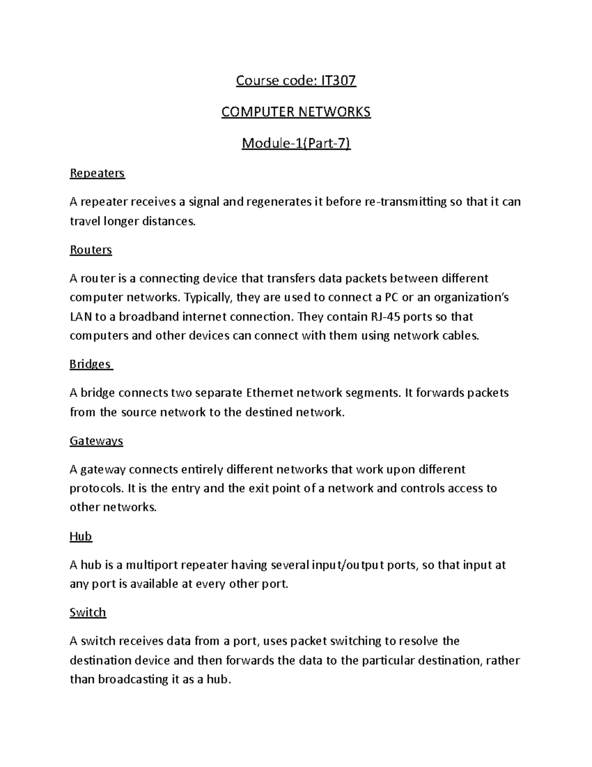 IT307_Computer Networks_KTU_Module 1_Part7 - Course code: IT COMPUTER NETWORKS Module-1(Part-7 ...