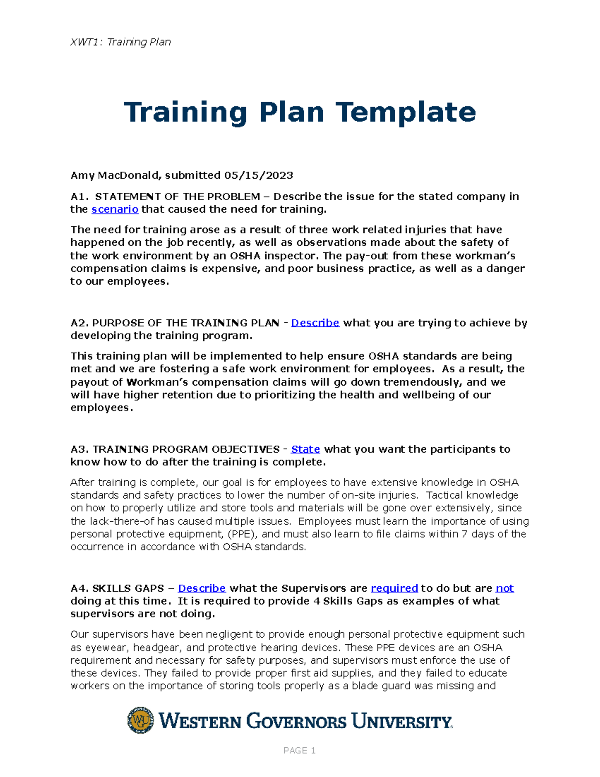 Task 1 C235 - Task one completed - XWT1: Training Plan Training Plan ...