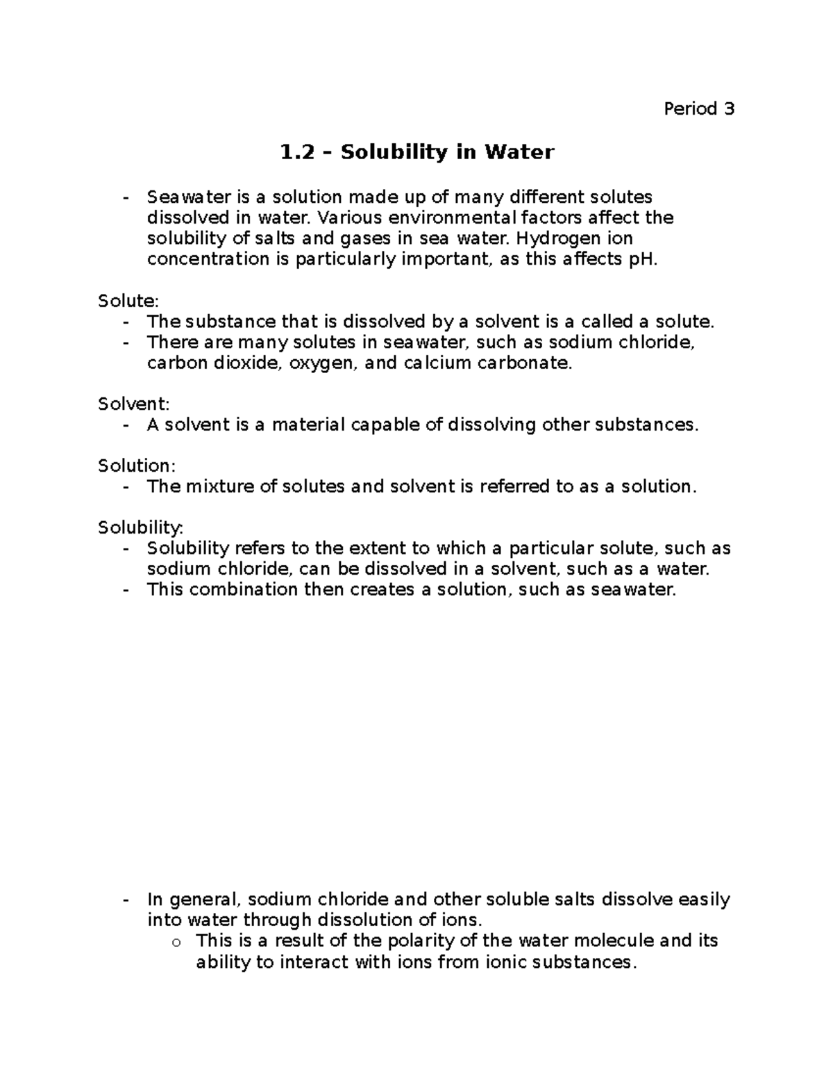 Chapter 1.2 Notes - Period 3 1 – Solubility in Water Seawater is a ...