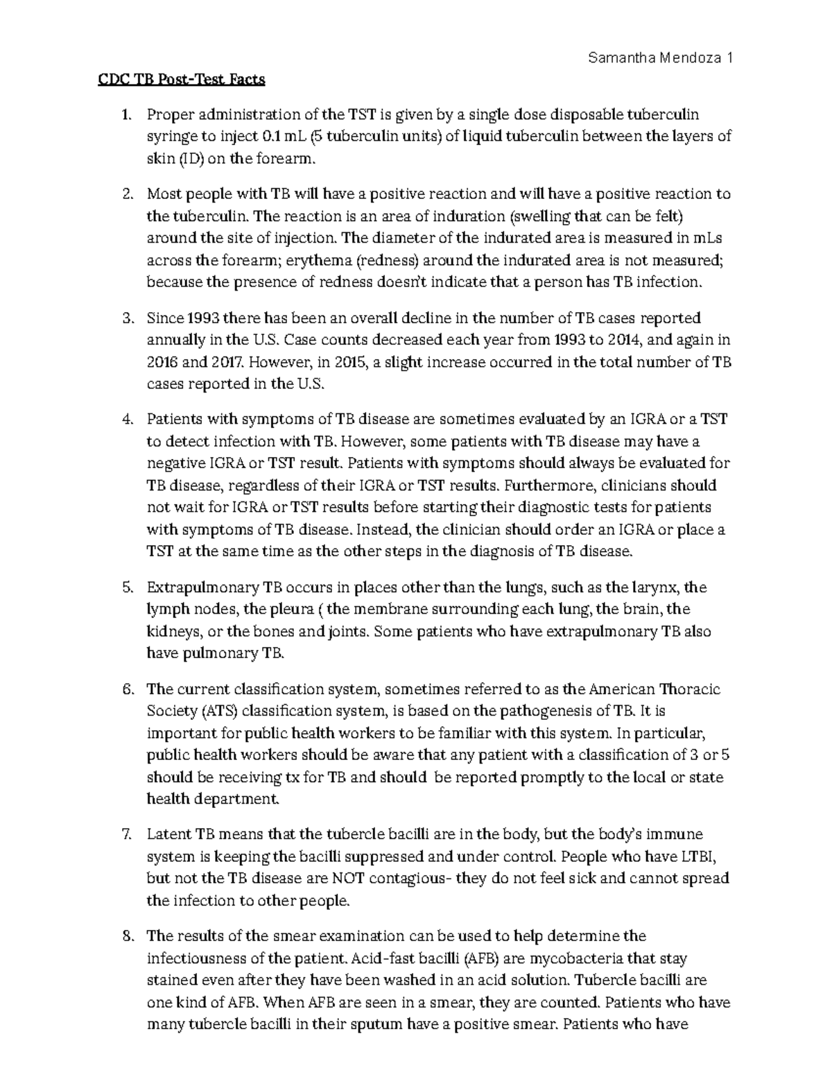 TB Facts for CDC Post-Test - CDC TB Post-Test Facts Proper ...