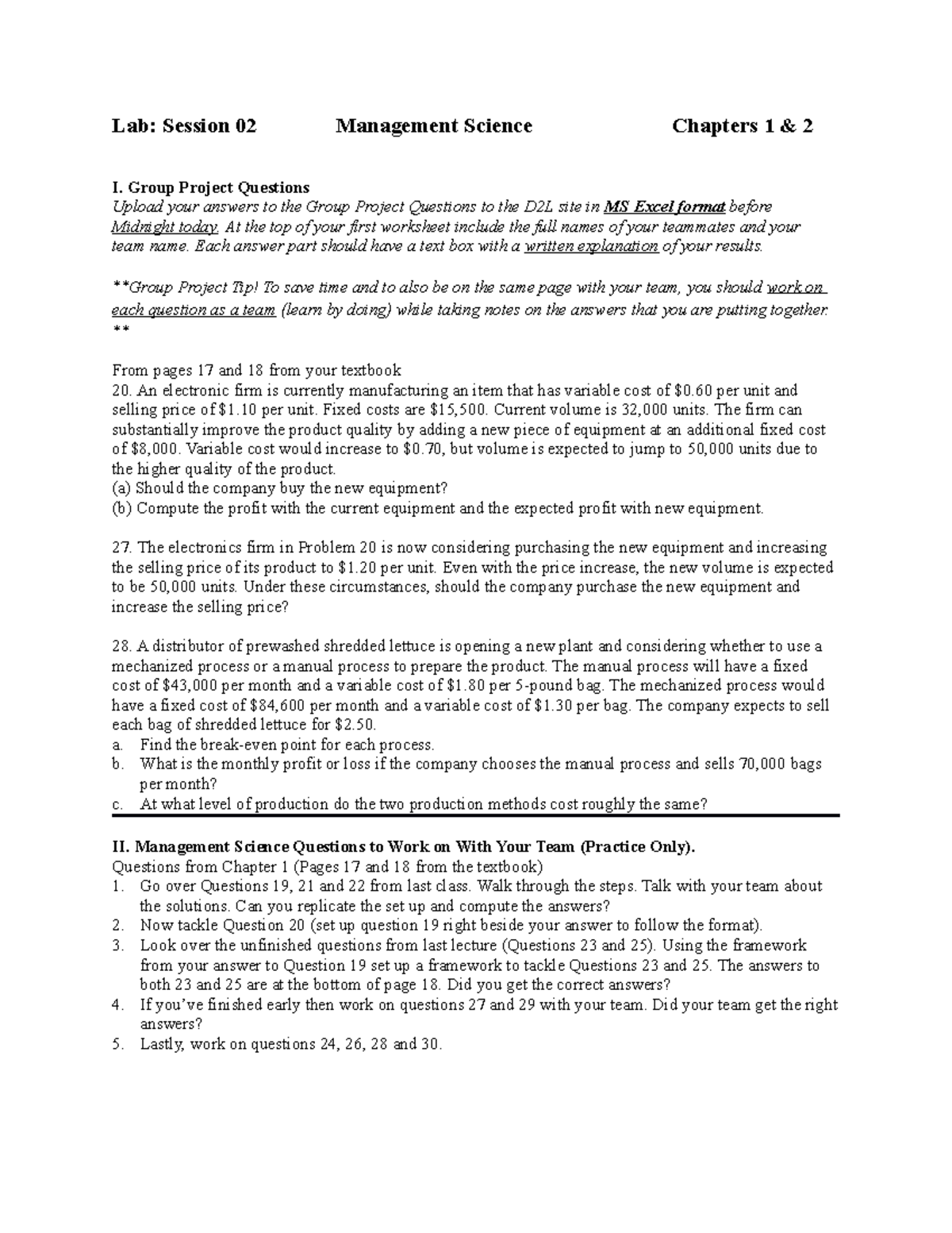 Management Science Chapter 1 and 2 - Lab - Lab: Session 02 Management ...