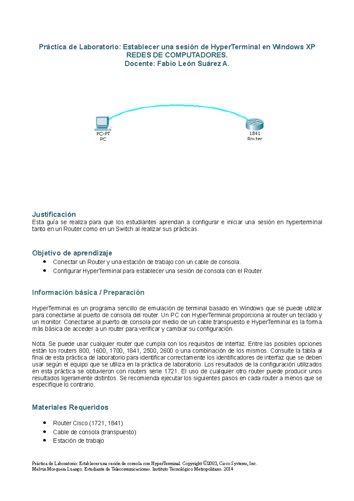 Configuración Hyper Terminal - Práctica de Laboratorio: Establecer una sesión de HyperTerminal ...