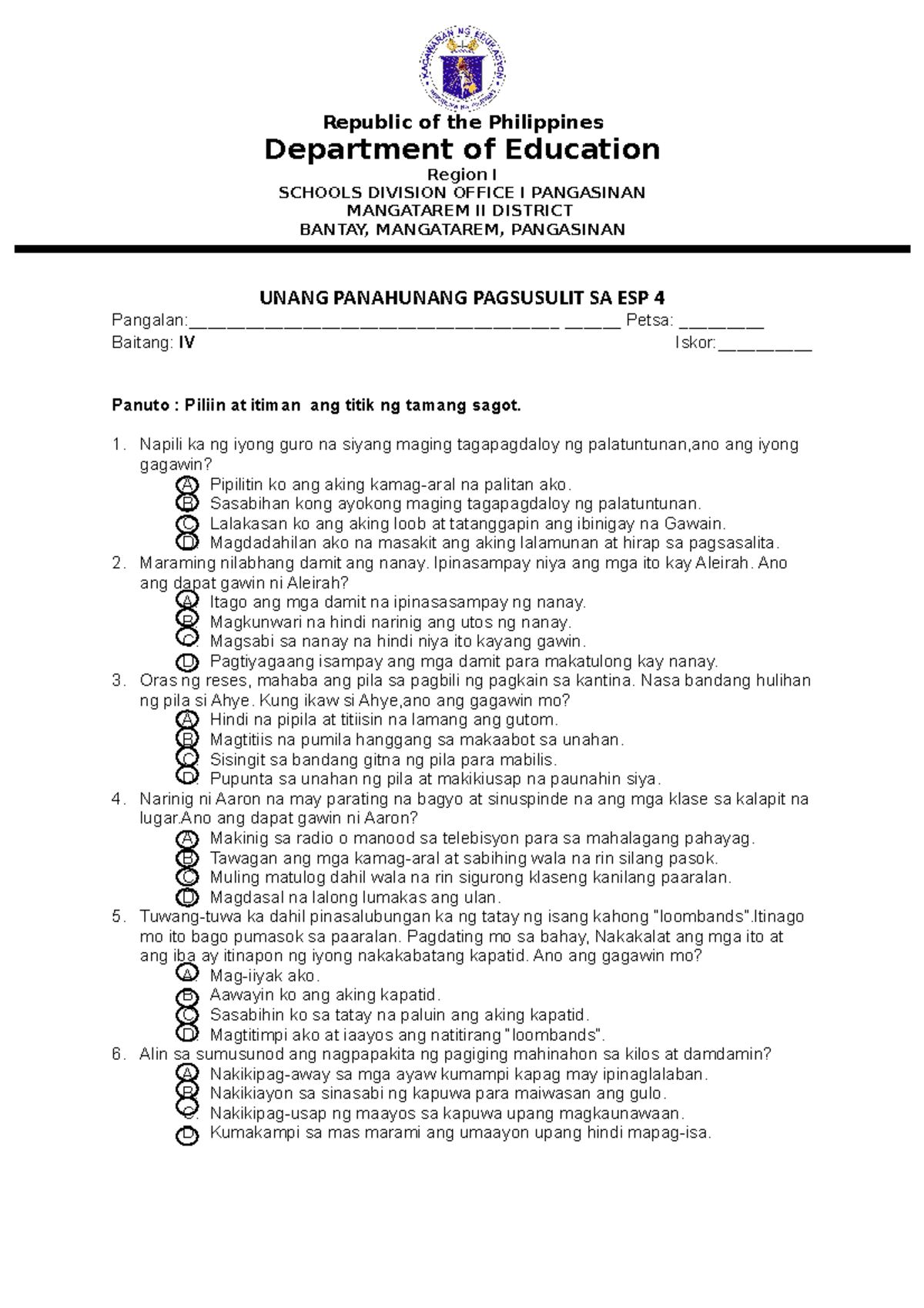 ESP 4 Q1 - PERIODICAL TEST 1ST QUARTER - Republic of the Philippines ...