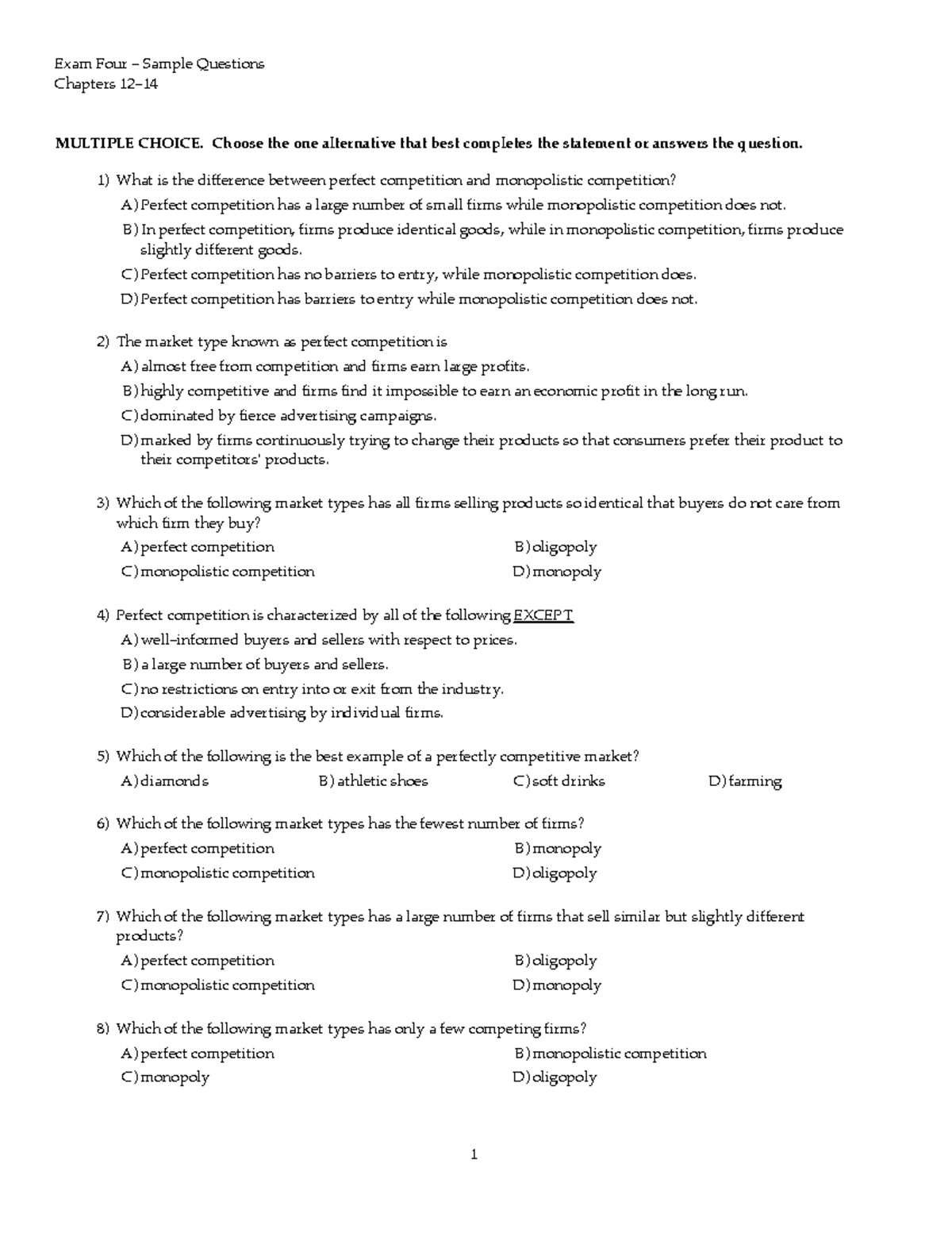 Practice Microeconomic 2020 - Exam Four - Sample Questions Chapters 12 ...