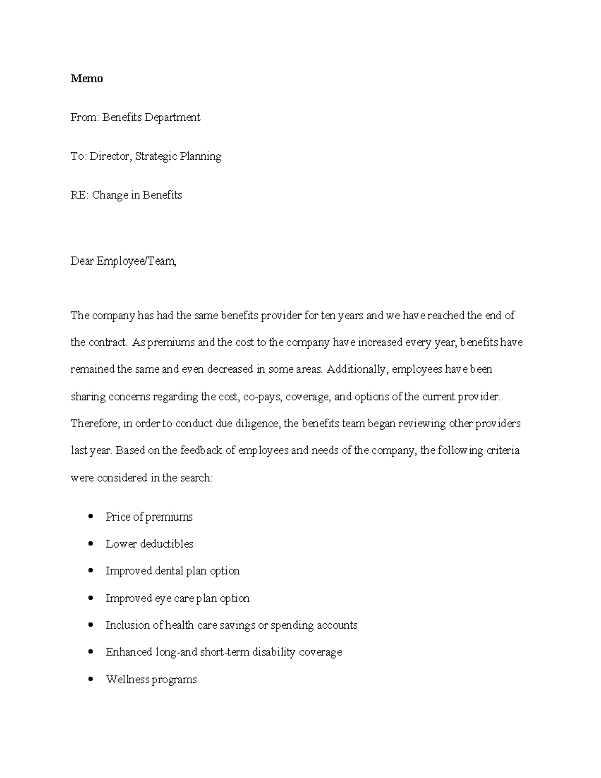 Email Benefits - Memo From: Benefits Department To: Director, Strategic ...
