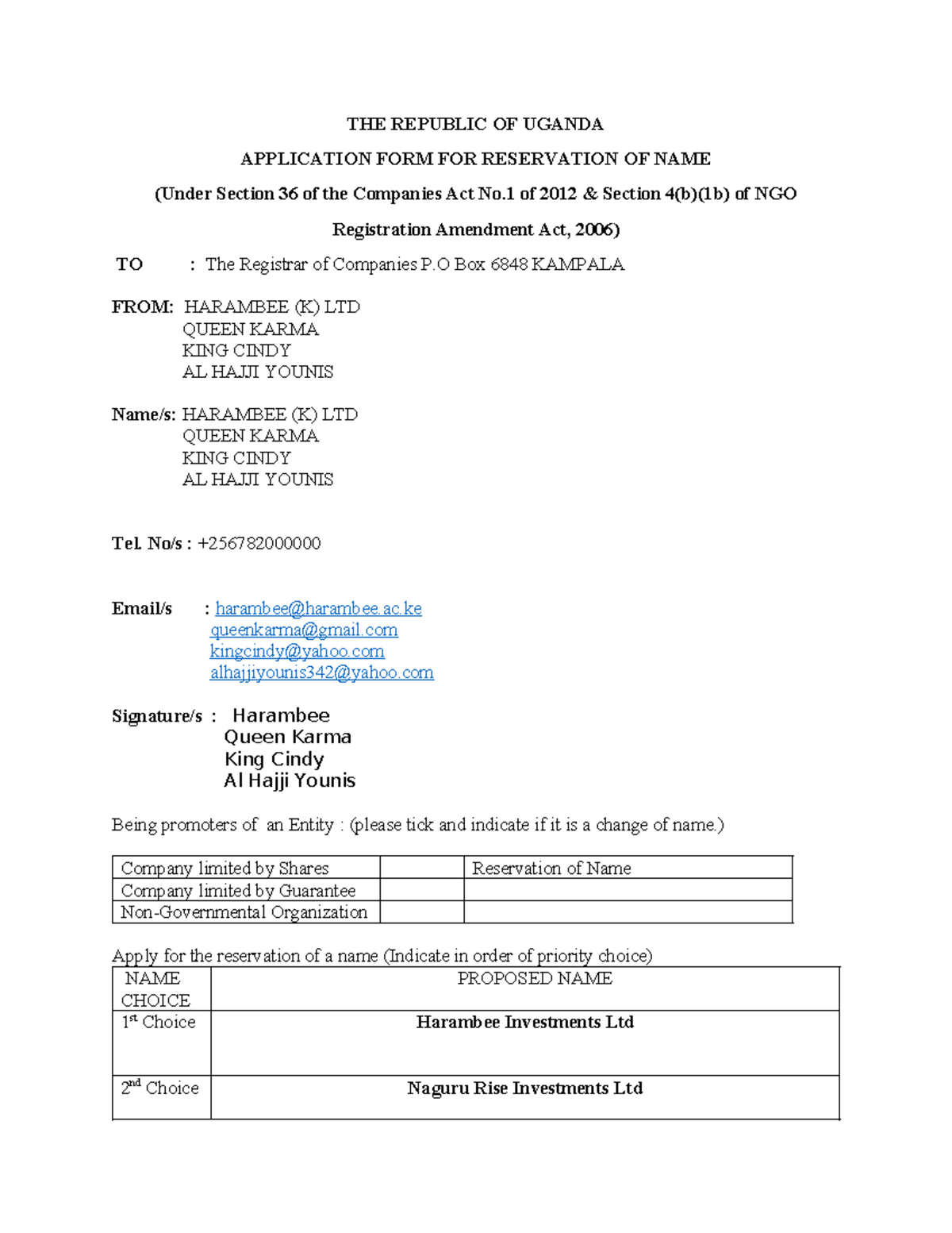 Reservation of Name - THE REPUBLIC OF UGANDA APPLICATION FORM FOR ...