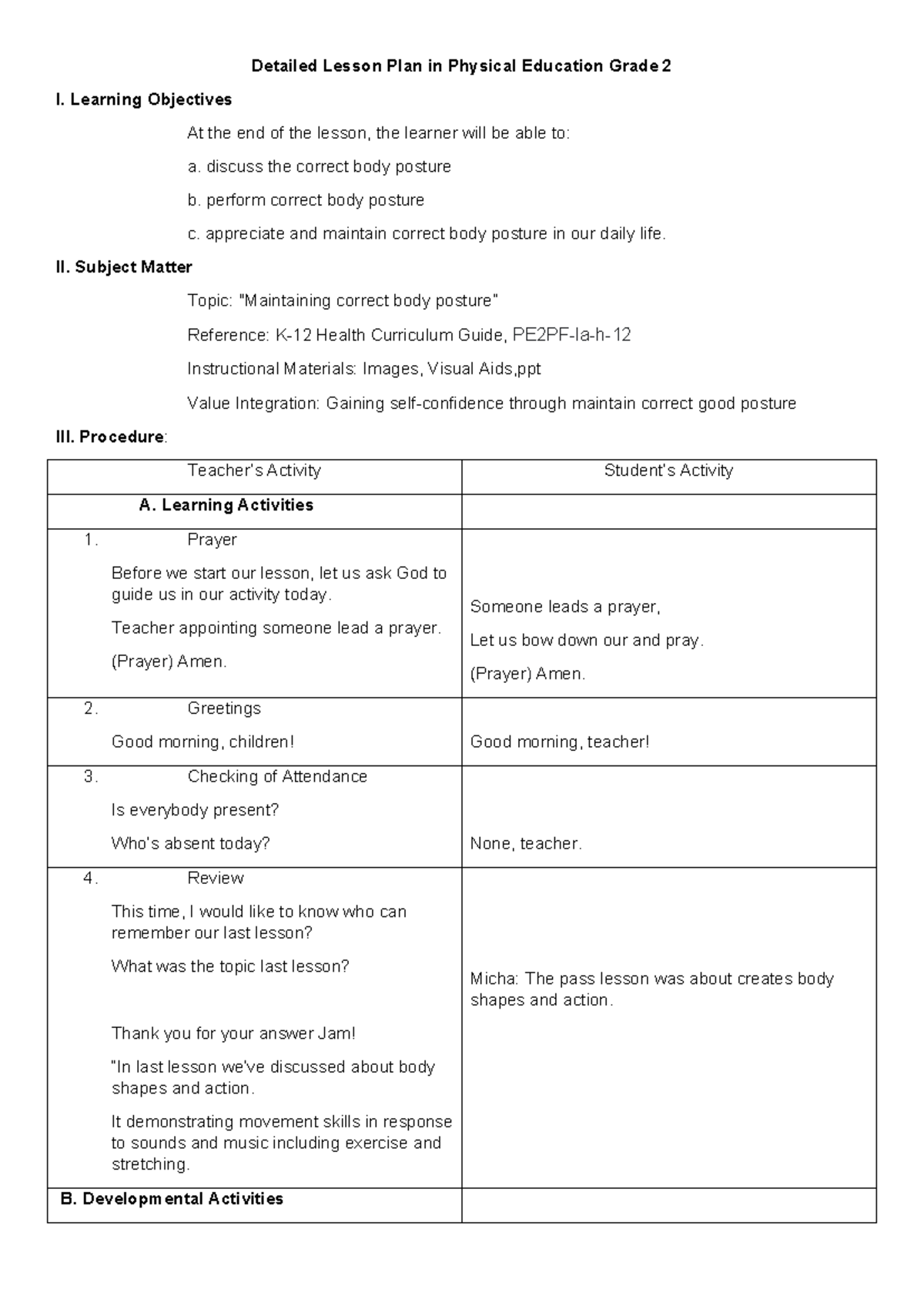 My lesson plan in P - Detailed Lesson Plan in Physical Education Grade ...