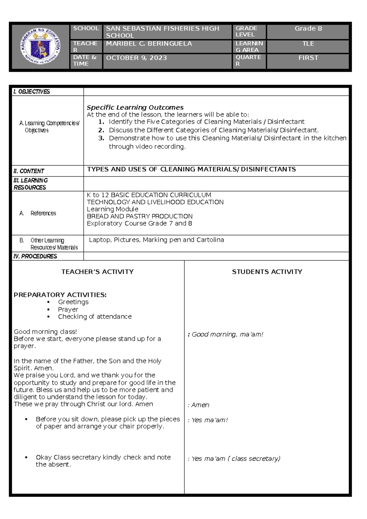 Lpssfhs - detailed lesson plan - SCHOOL SAN SEBASTIAN FISHERIES HIGH ...