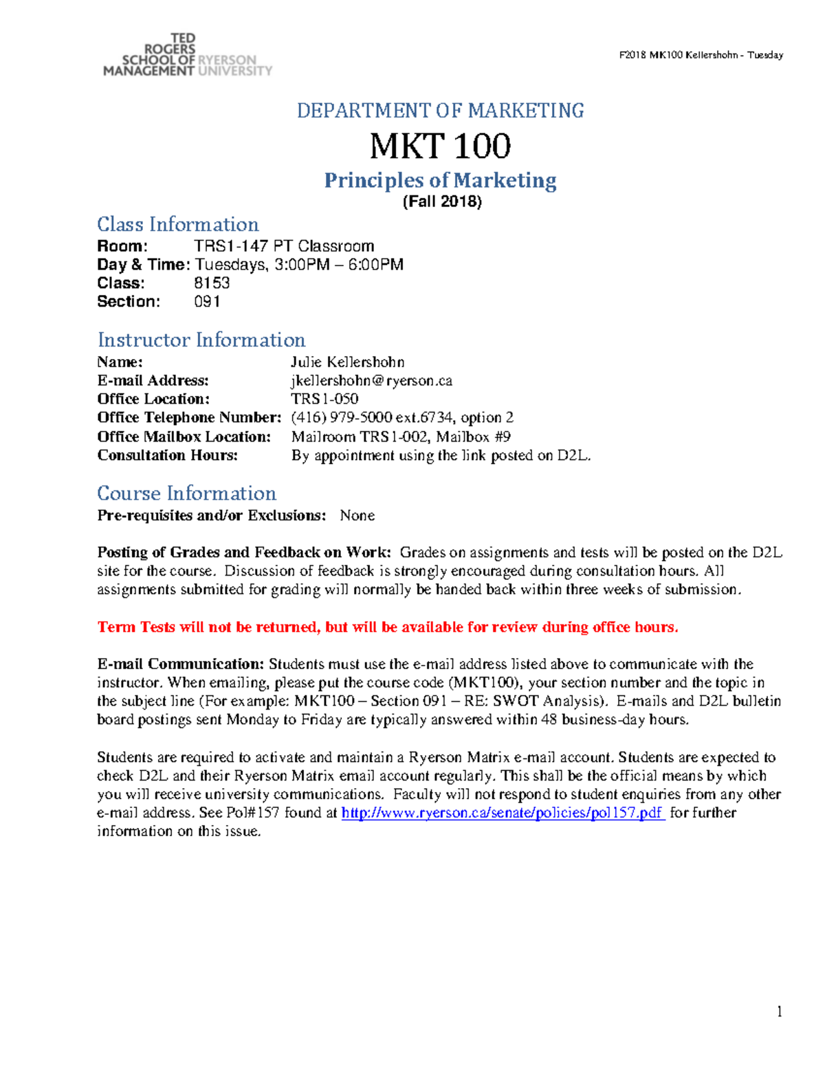 F2018 MKT100 Course Outline - F2018 MK100 Kellershohn - Tuesday ...