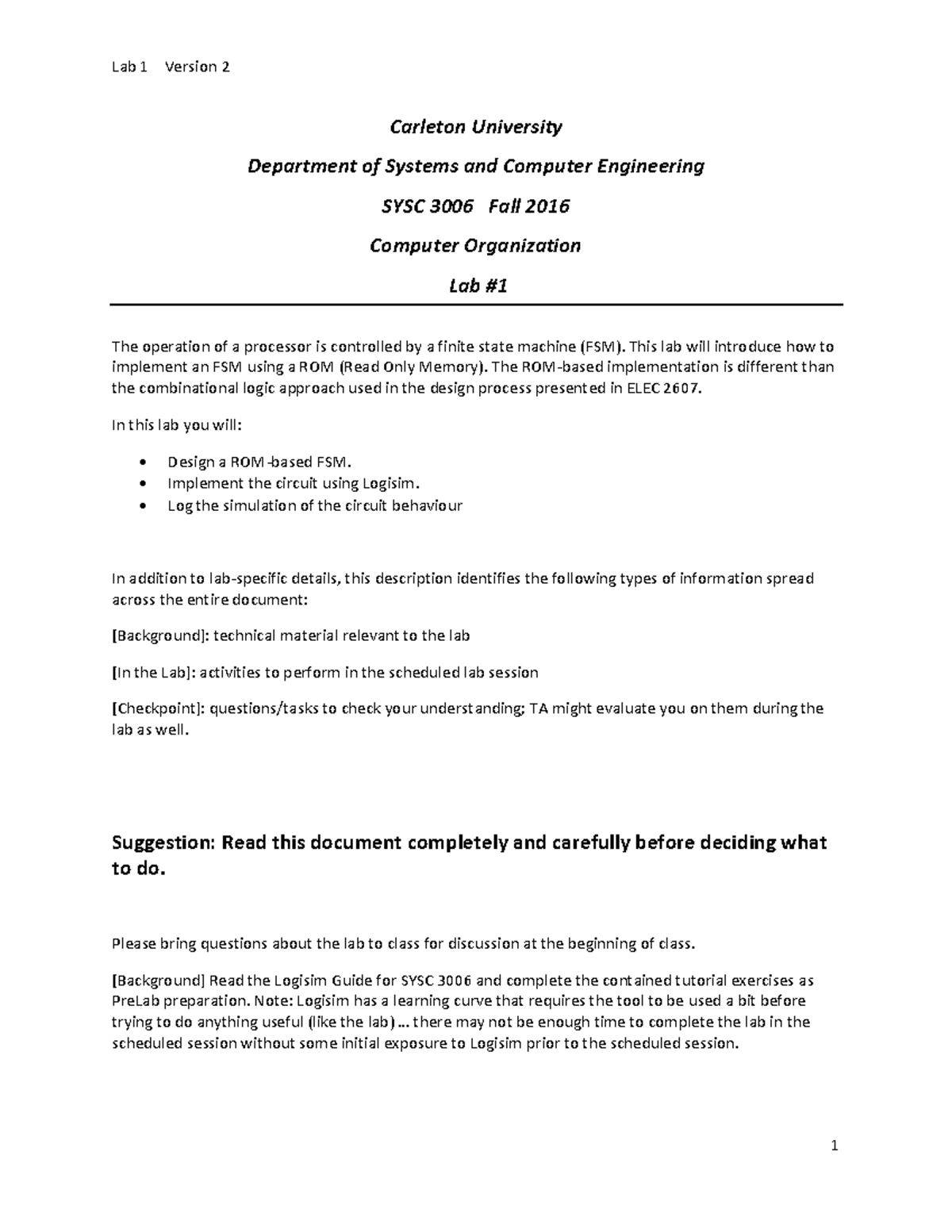Lab1F16-V2 - lab1 of 2320 - Carleton University Department of Systems and Computer Engineering ...