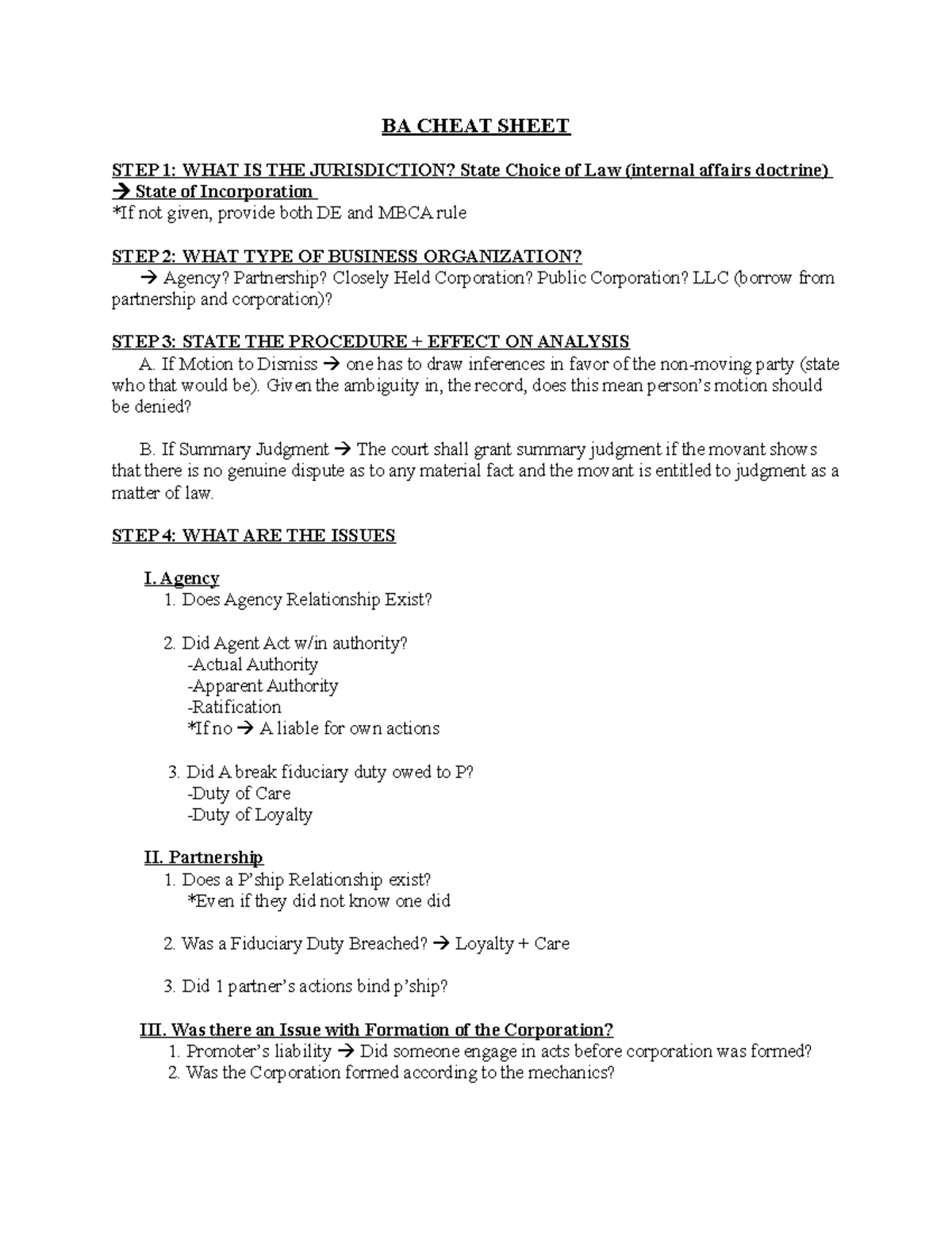 BA Cheat Sheet - BA CHEAT SHEET STEP 1: WHAT IS THE JURISDICTION? State ...