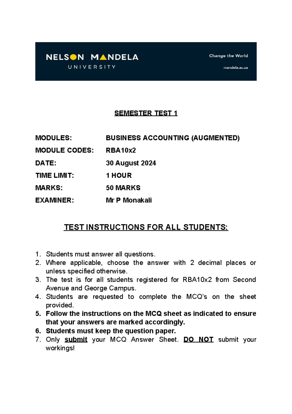 MEMO Semester TEST 1 - PRACTICE QUESTIONS - SEMESTER TEST 1 MODULES ...